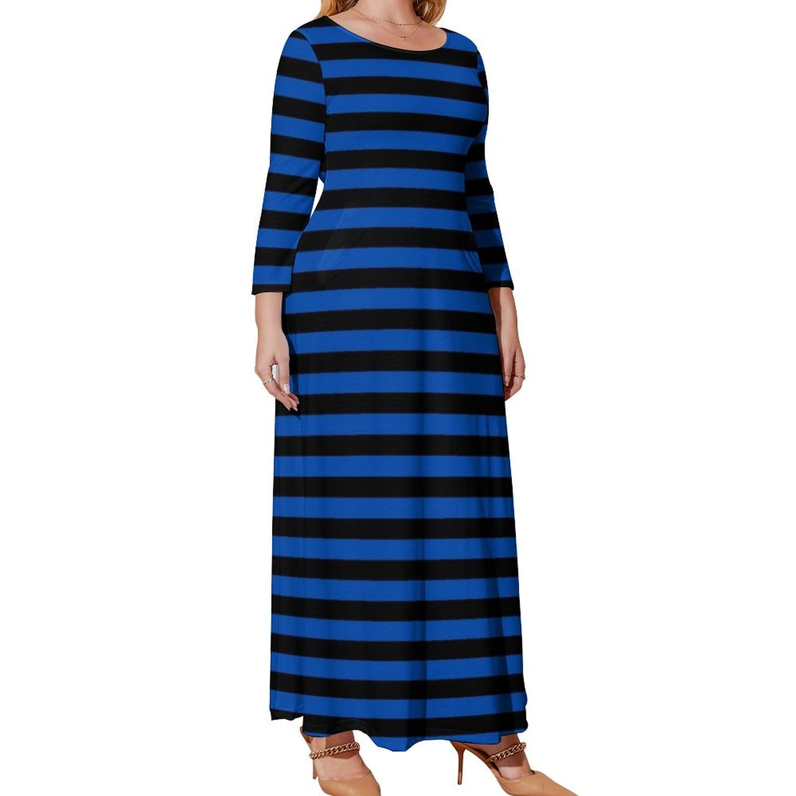 Cobalt Blue and Black Horizontal Stripes Long Sleeved Dress women's ...