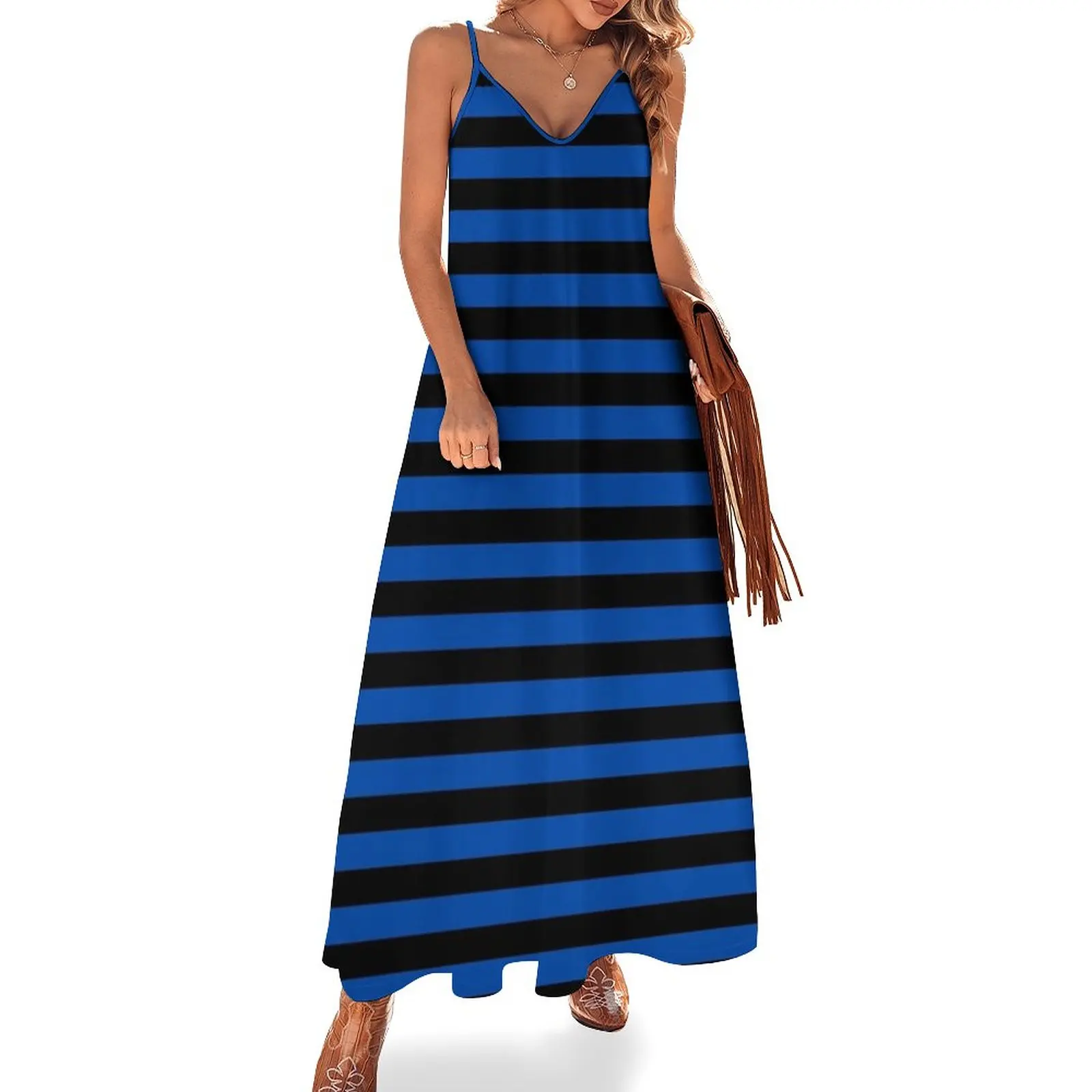 Cobalt Blue and Black Horizontal Stripes Sleeveless Dress Dresses for ...