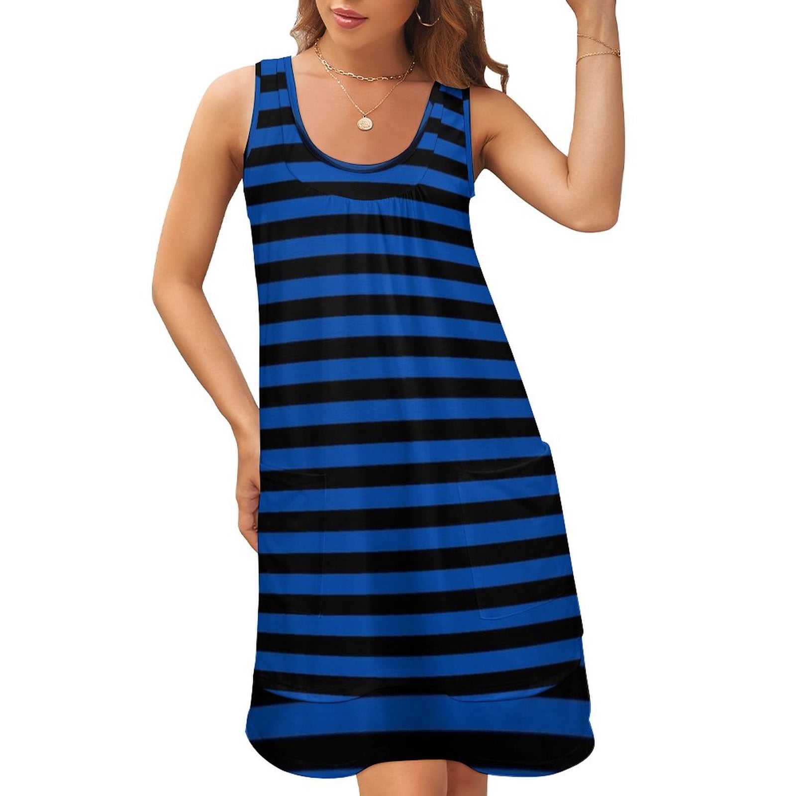 Cobalt Blue and Black Horizontal Stripes Sleeveless U-Neck Fake Two ...