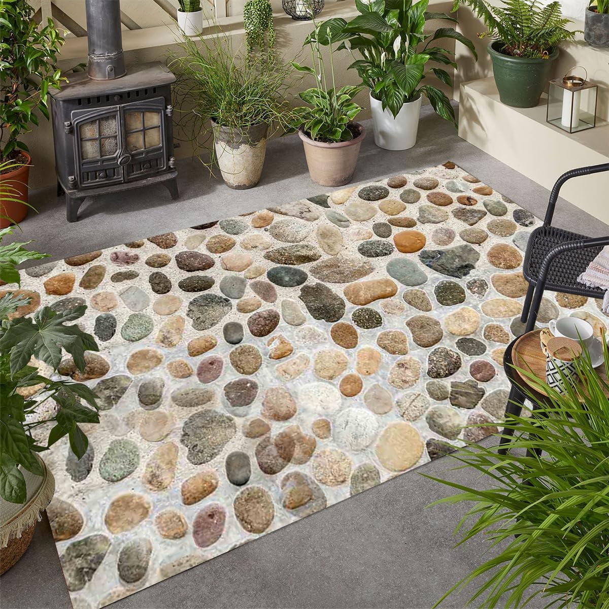 Cobblestone Pattern Modern Farmhouse Outdoor Rug Natural Washable ...