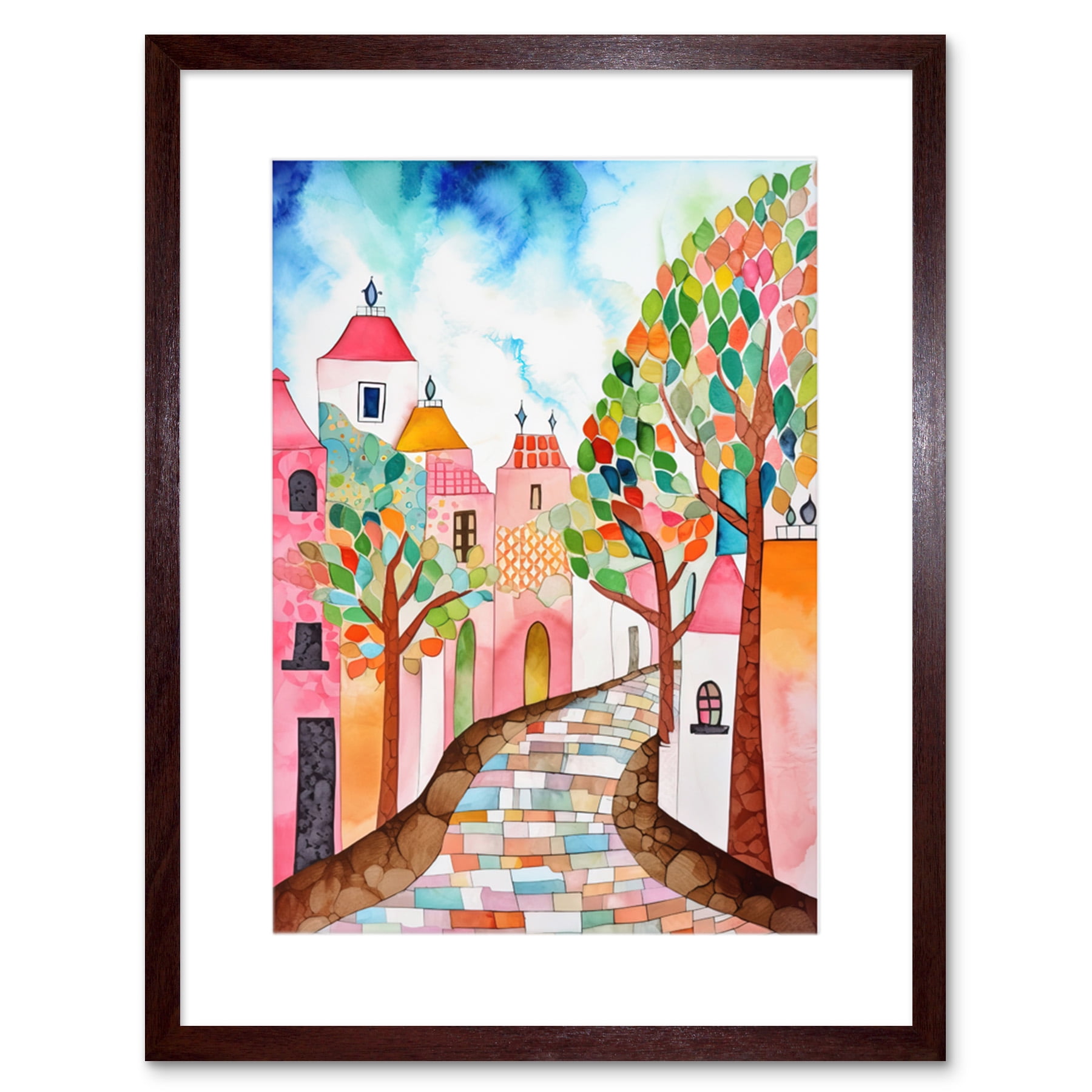 Cobblestone Street In Spring Folk Art Artwork Framed Print Wall Art 9X7 ...