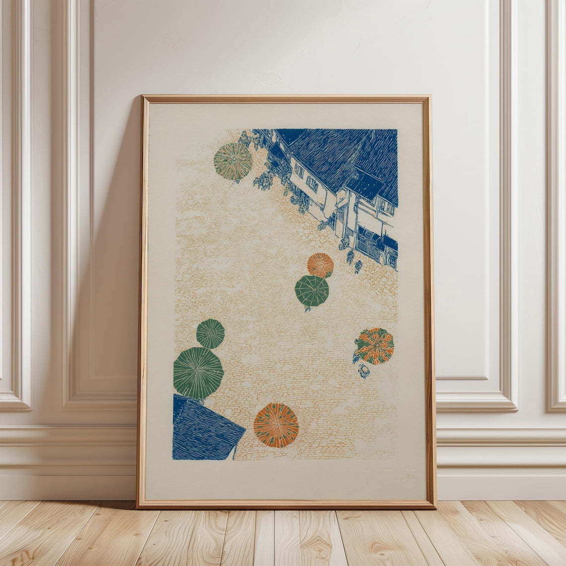 Cobblestone Town Japanese Woodblock Style Umbrellas Blue Beige Tones ...