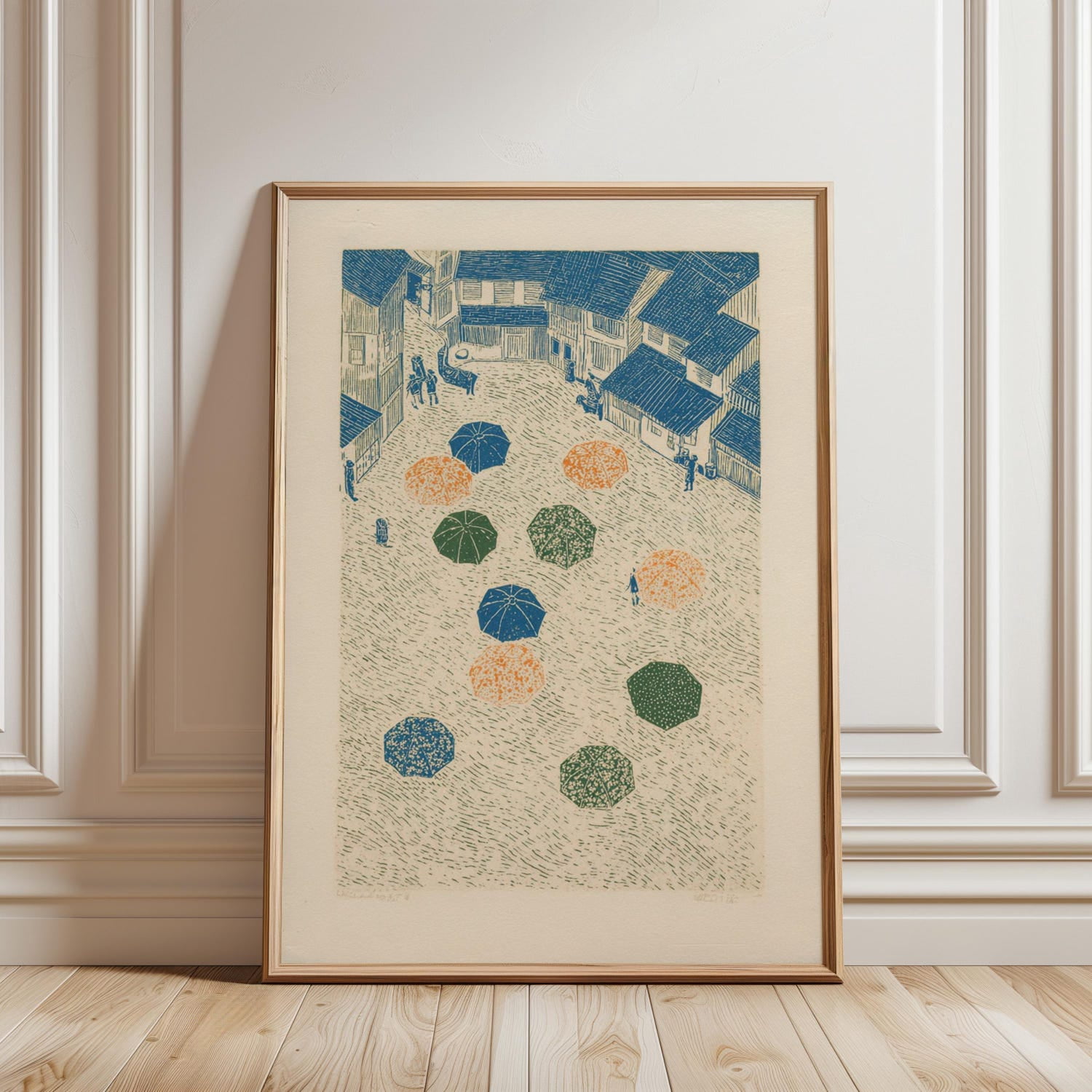 Cobblestone Town Poster, Japanese Woodblock Style, Umbrellas, Blue ...