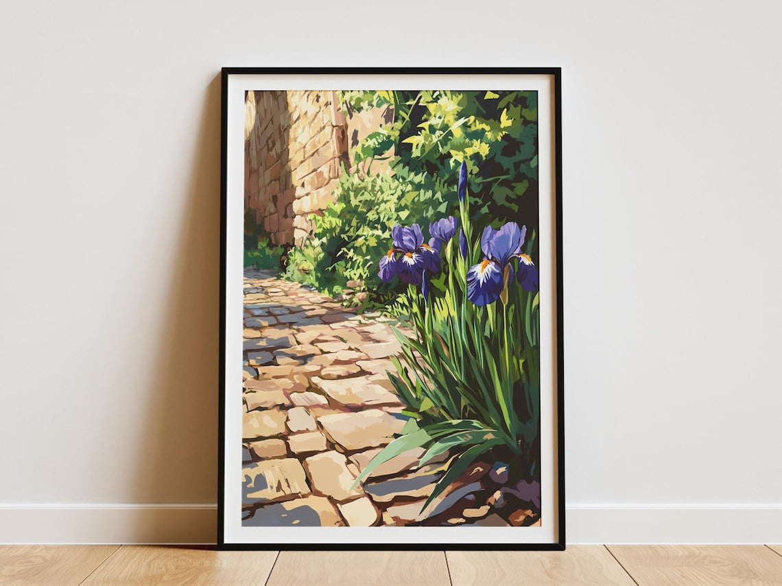 Cobblestone Walkway Irises Purple Flower Botanical Garden Art Home ...