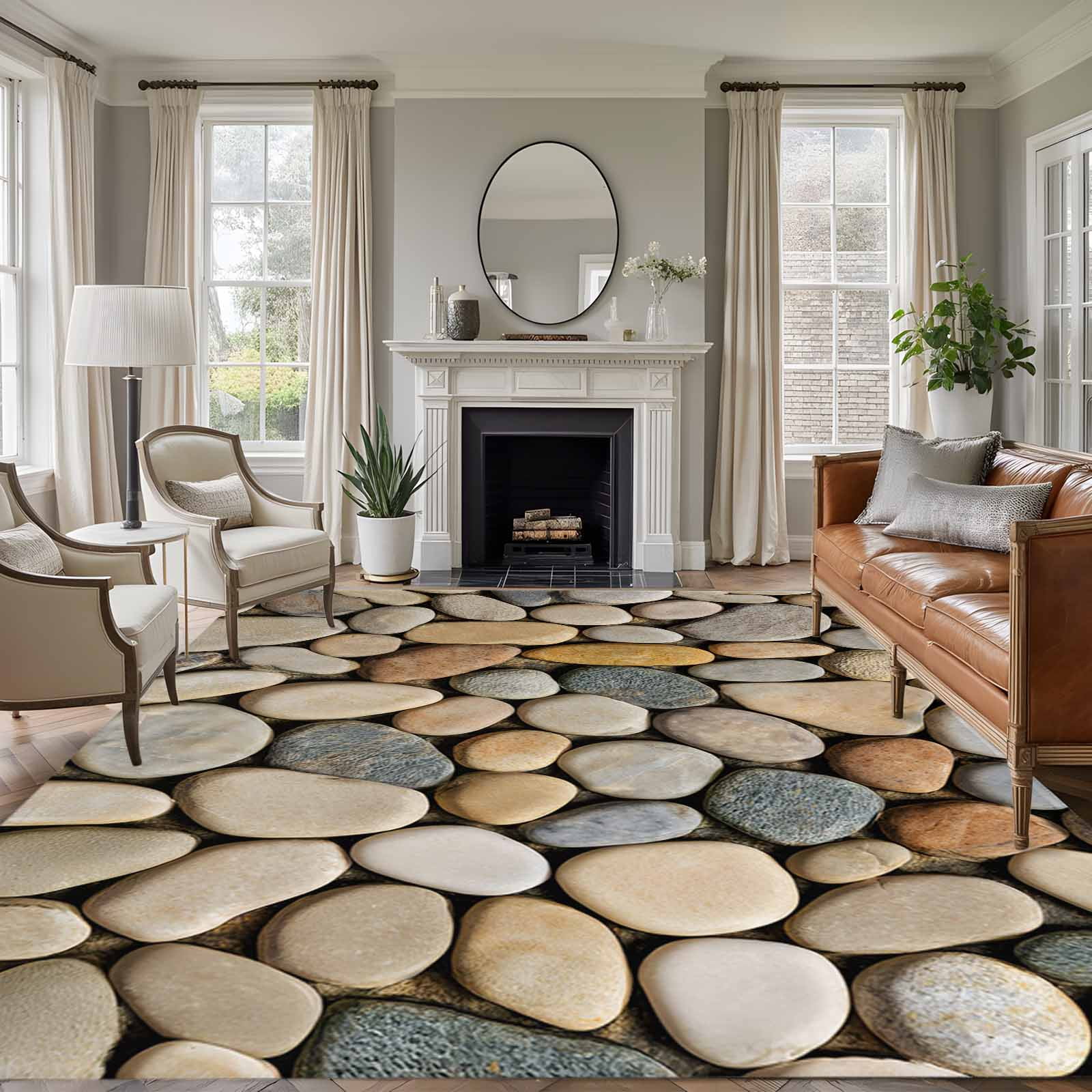 Cobblestones Area Rug 5x8 Washable Rug Non Slip Gravel Rock Natural ...