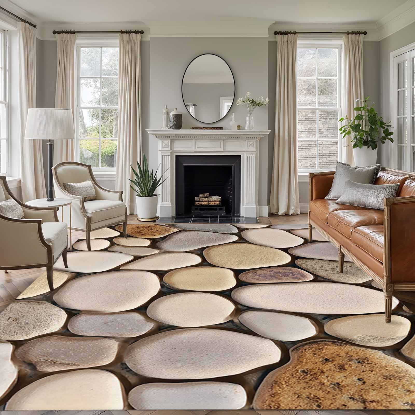 Cobblestones Area Rug 8x10 Washable Rug Non Slip Natural Stones Gravel ...