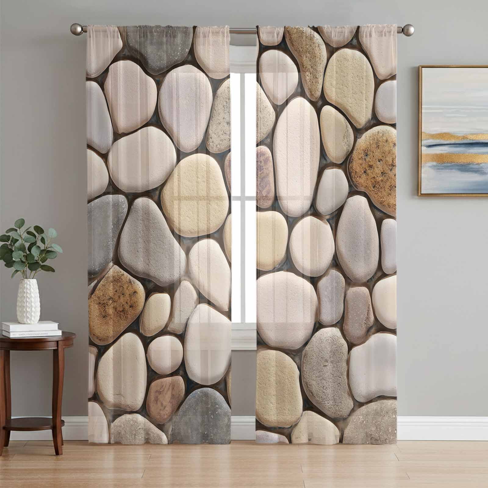 Cobblestones Sheer Curtains 63 Inch Length 2 Panels Set, Natural Stones ...