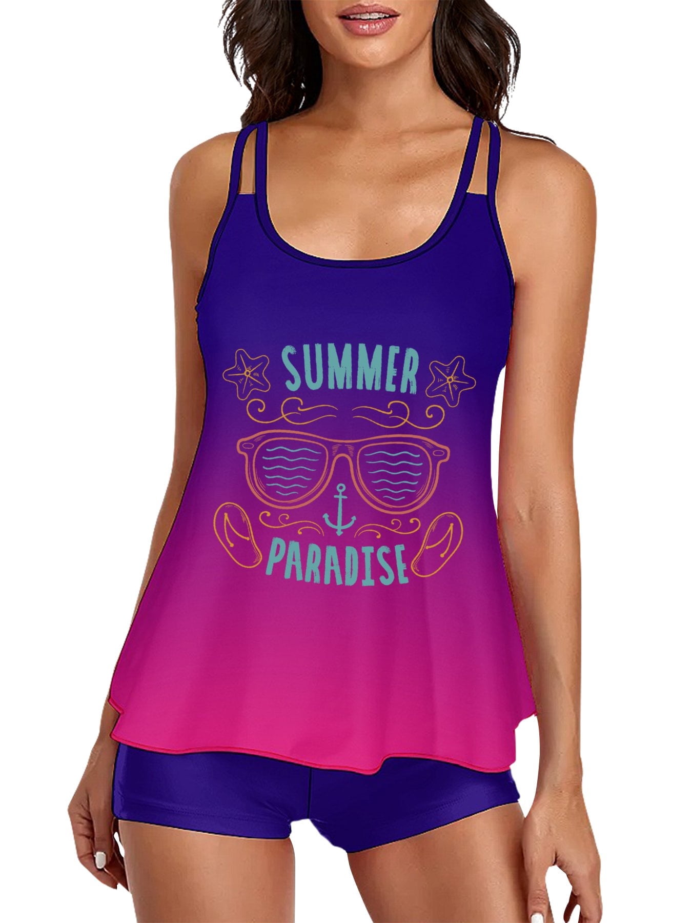 Cobear Two Piece Tankini Bathing Suits T-Back Blouson Swim Tops with ...
