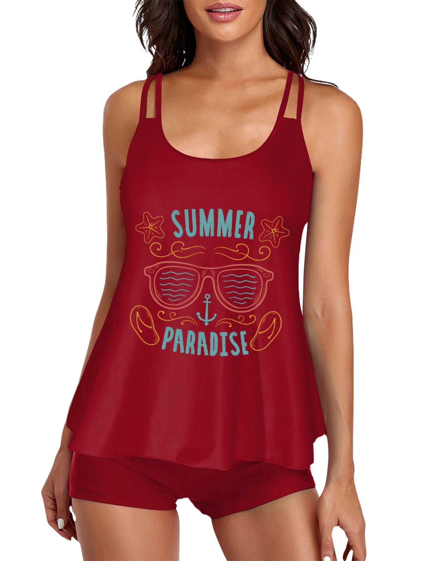 Cobear Two Piece Tankini Bathing Suits T-Back Blouson Swim Tops with ...