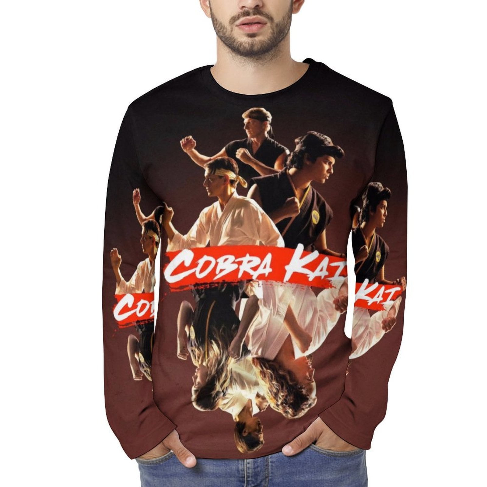 Cobra Kai Long Sleeve Shirts for Men Trendy Streetwear Crew Neck Tops Full Print Funny Graphic T ...