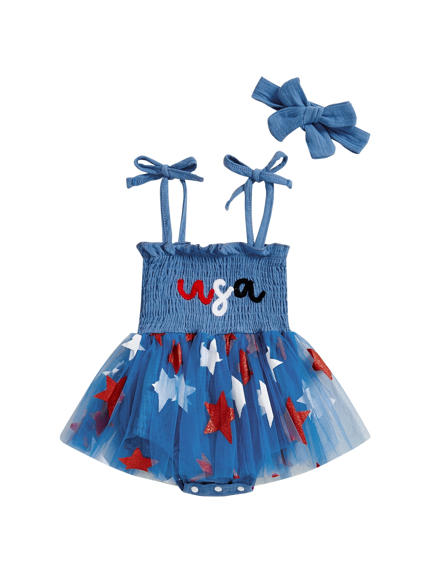 CocMouse Baby Girl 4th of July Romper Dress Star Tie Strap Jumpsuit ...