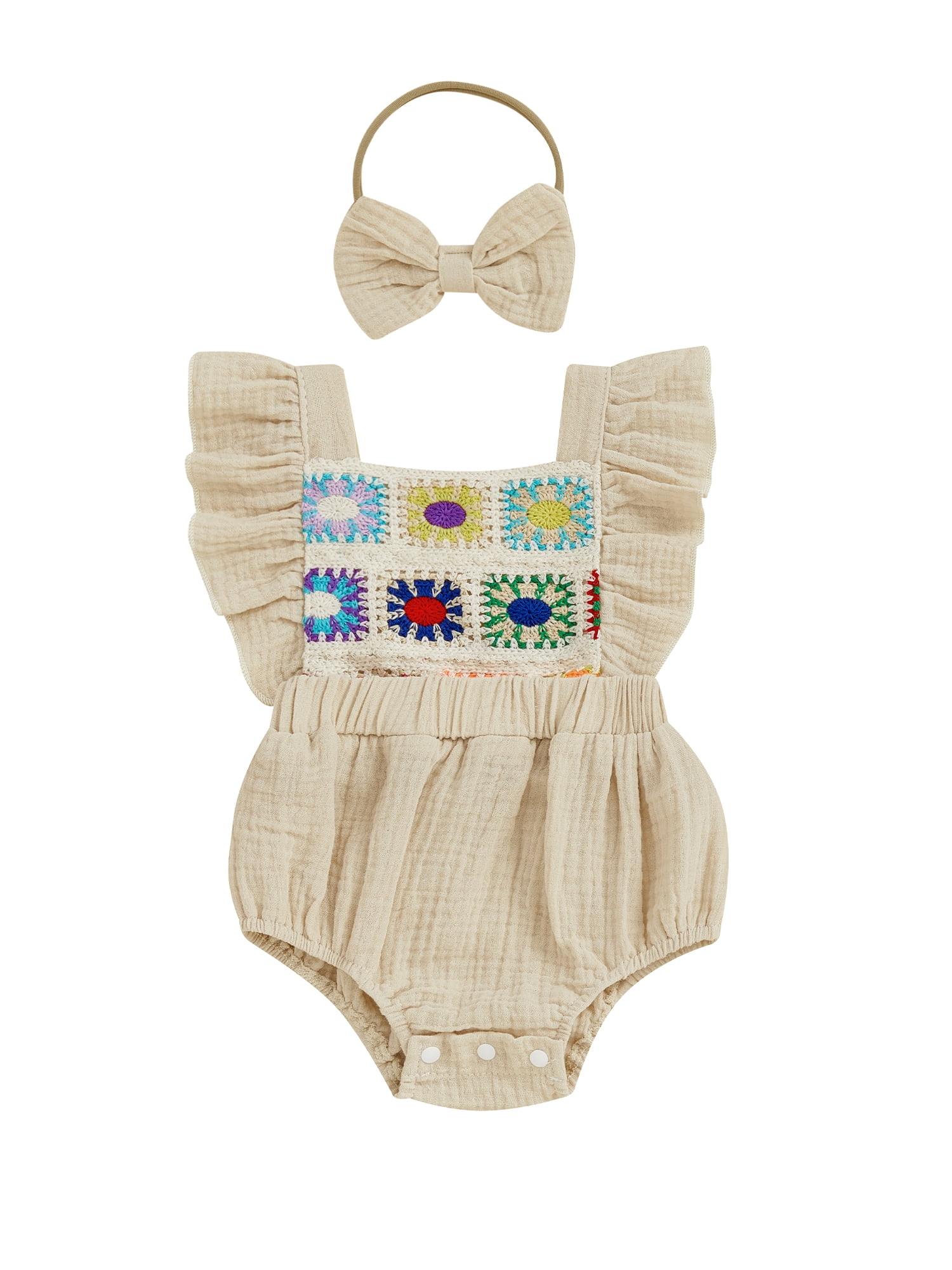 CocMouse Baby Girl Crochet Flower Romper Fly Sleeve Bodysuit with Bow ...