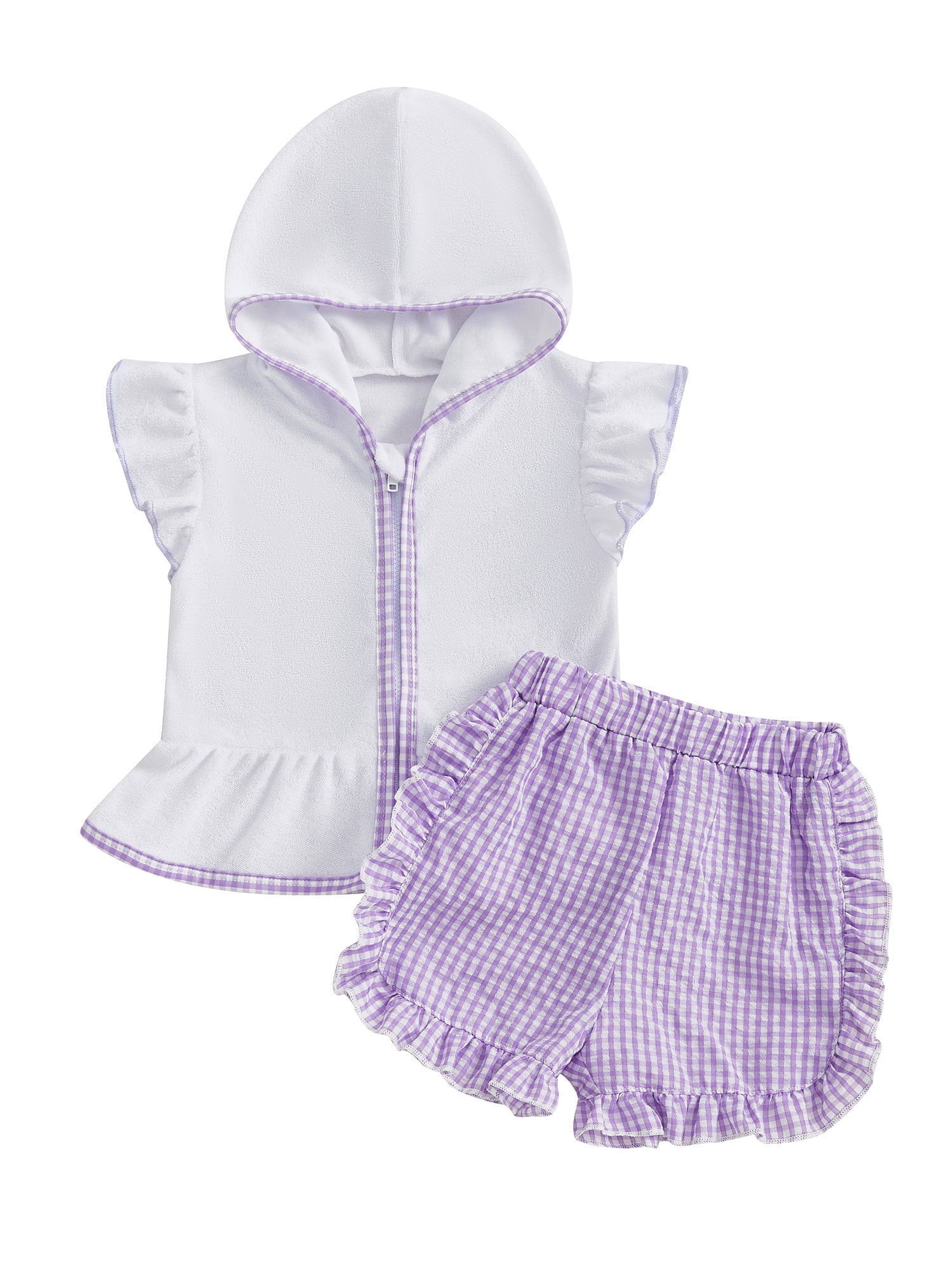 CocMouse Girl Beach Cover Up Set Flying Sleeve Zipper Hood Tops Plaid ...