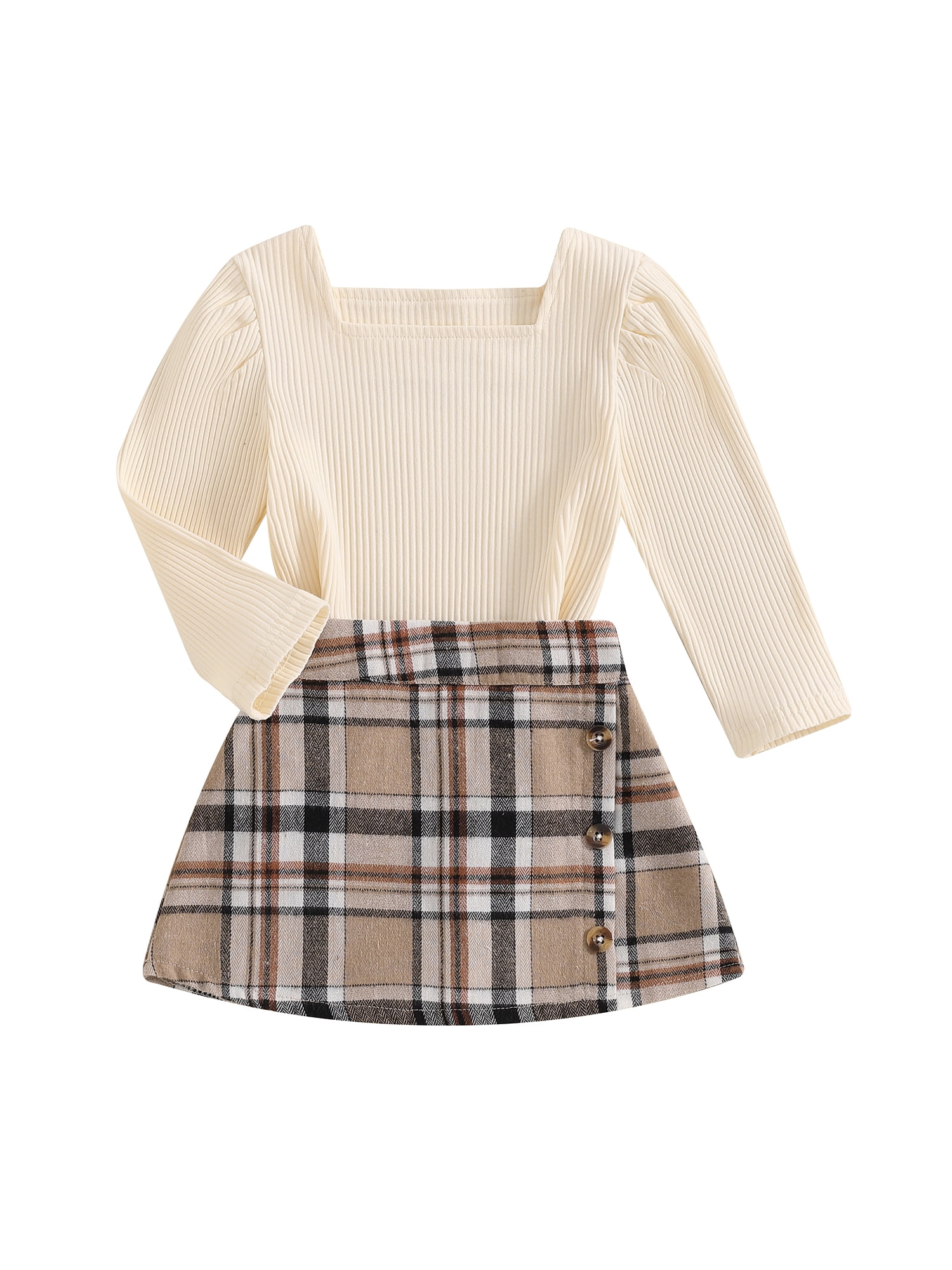 CocMouse Girl Skirt Set Long Sleeve Ribbed Tops Plaid Button Short ...