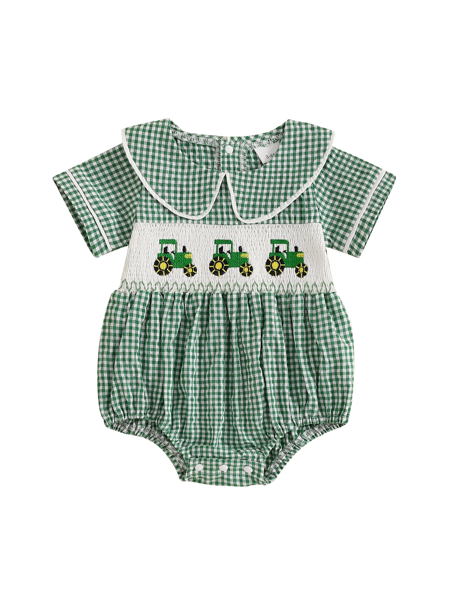 CocMouse Girls Tractor Embroidery Plaid Romper Short Sleeve Doll Collar ...