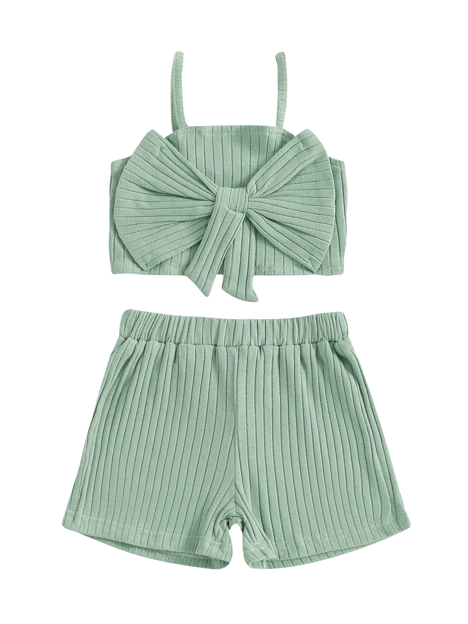 CocMouse Little Girl Ribbed Outfit, Bow Square Neck Spaghetti Strap ...