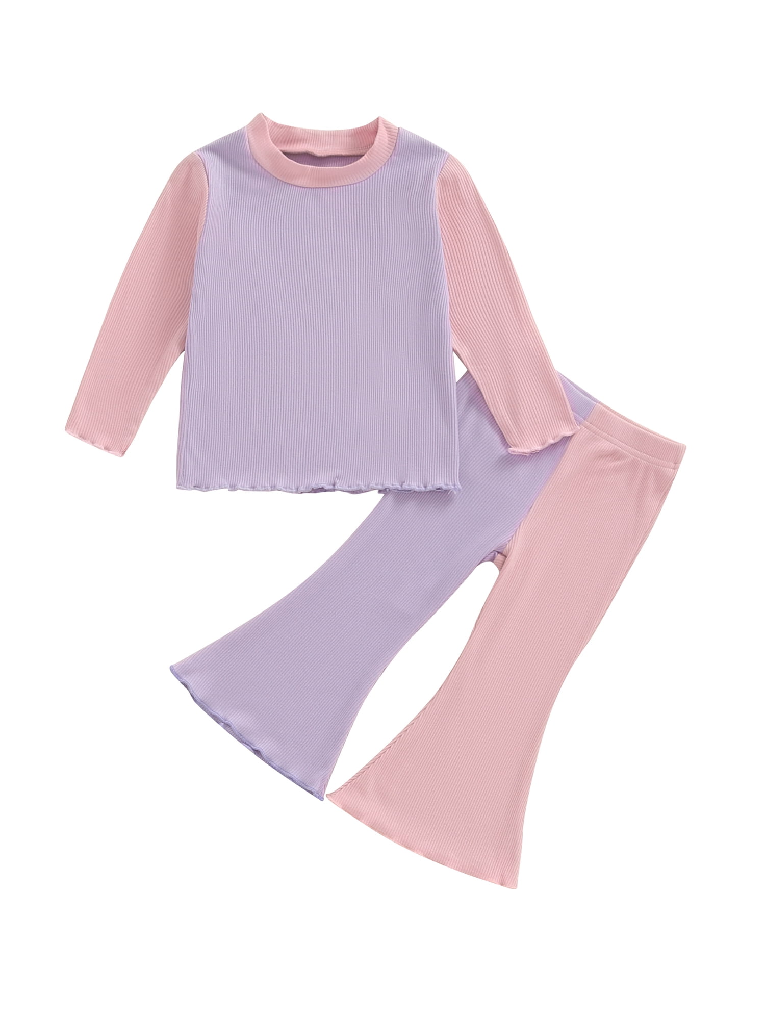 CocMouse Little Girl Ribbed Outfit, Lettuce Trim Long Sleeve Tops Flare ...