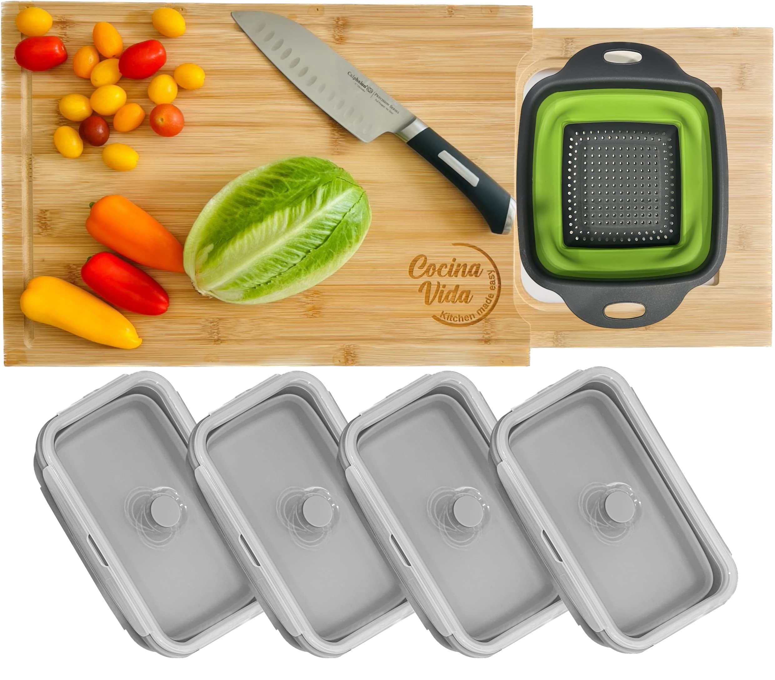 Cocina Vida Bamboo Cutting Board With 4 Collapsible Containers And ...