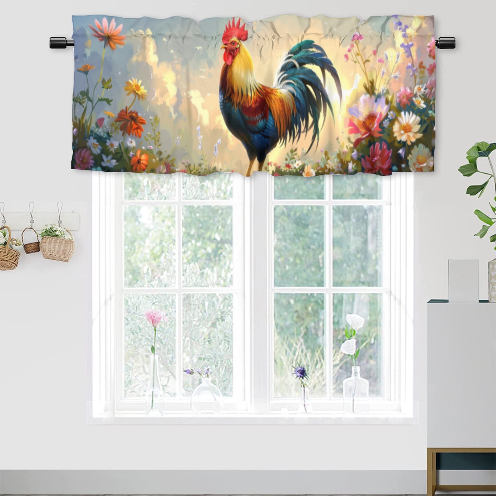 Cock Rooster Kitchen Curtain Valance Farmhouse Animal Floral Valance ...