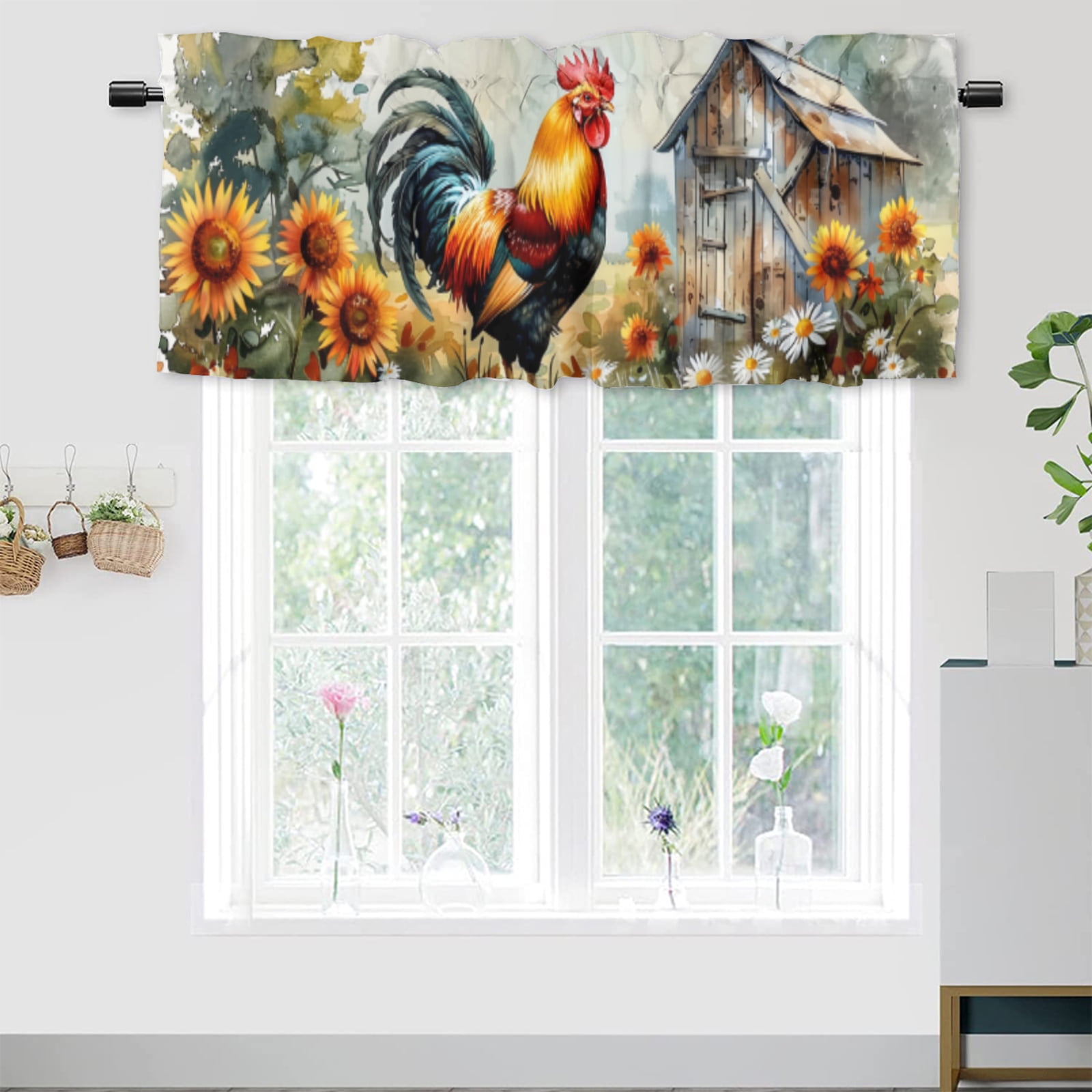 Cock Rooster Kitchen Valance Farmhouse Animal Sunflowers Rod Pocket ...