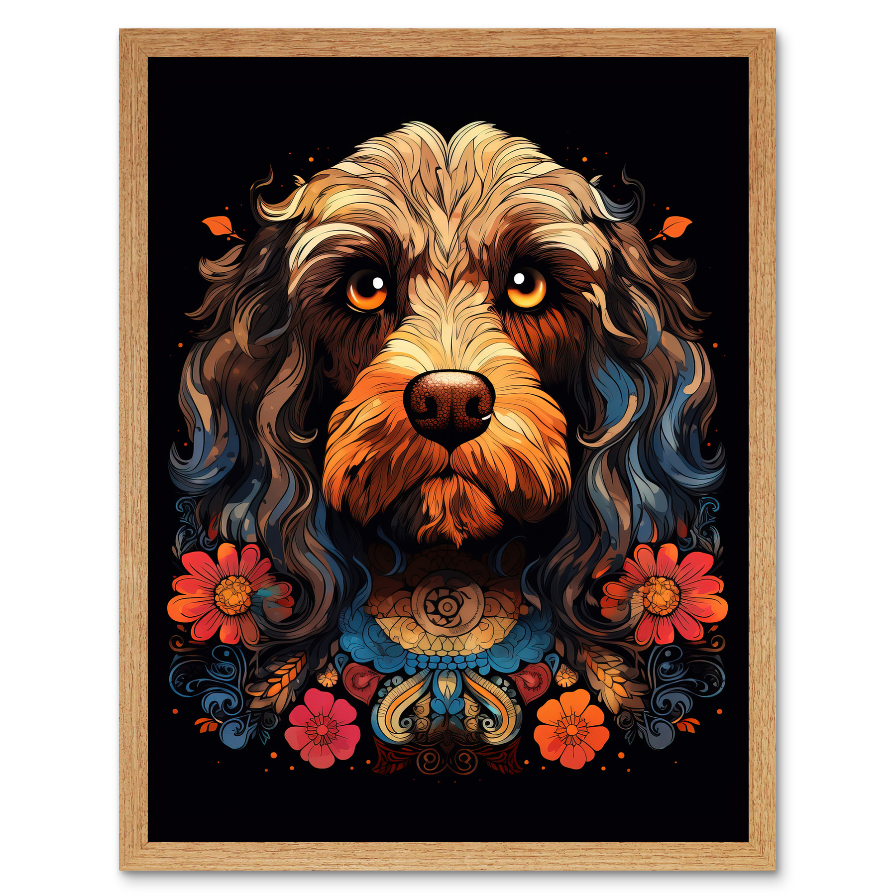 Cockapoo Dog with Ornate Collar and Flowers Symmetrical Floral Artwork ...
