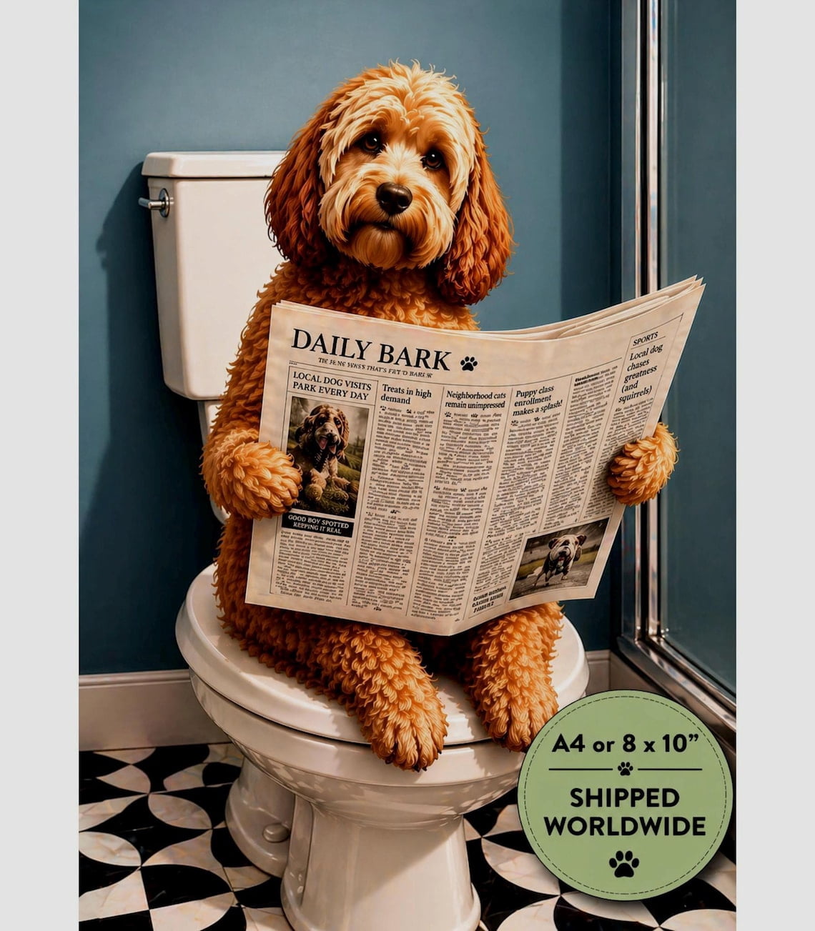 Cockapoo Dog Reading Newspaper Print, Bathroom Wall Art, Unframed Paper ...
