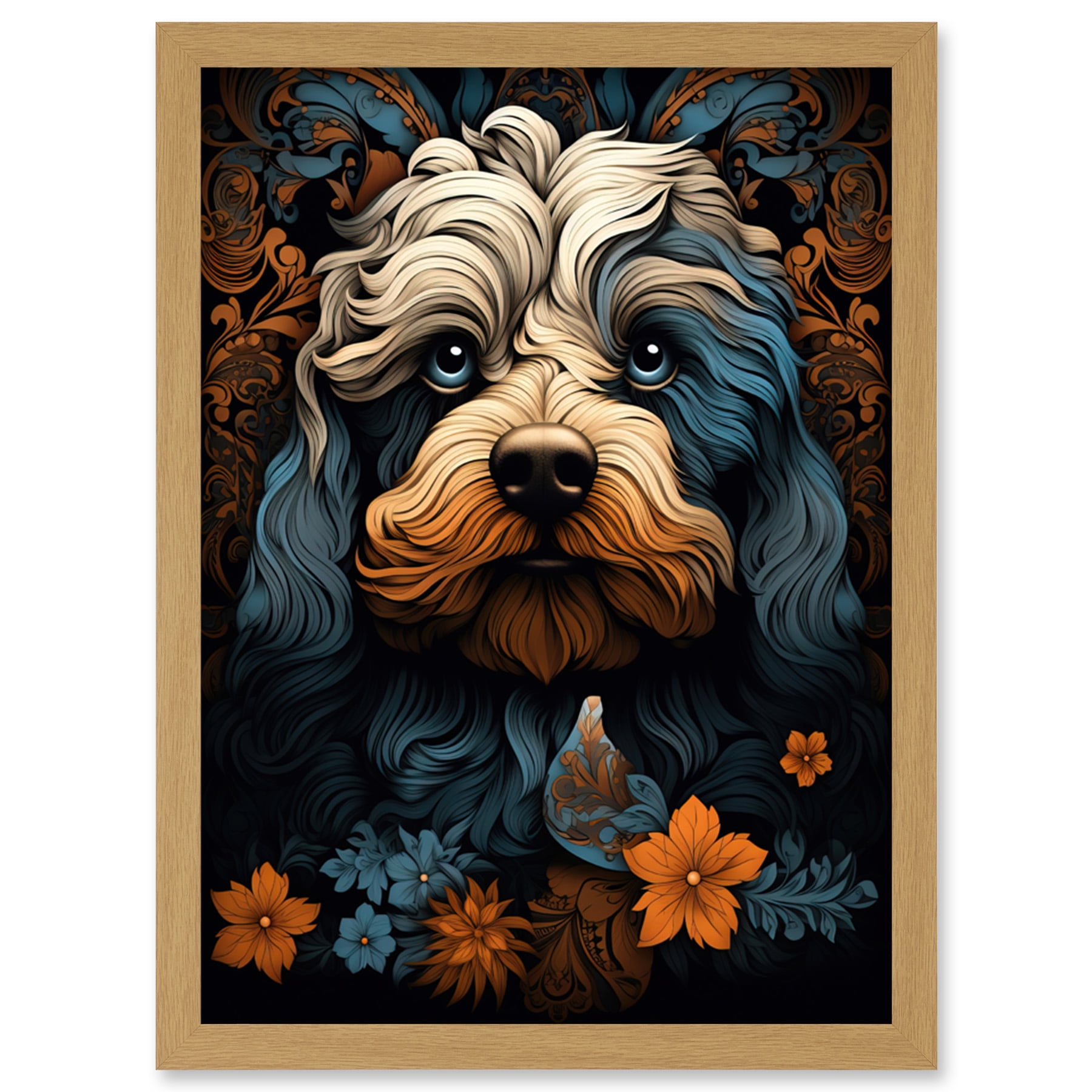 Cockapoo Dog with Flower Patterns Art Nouveau Artwork Orange Blue ...