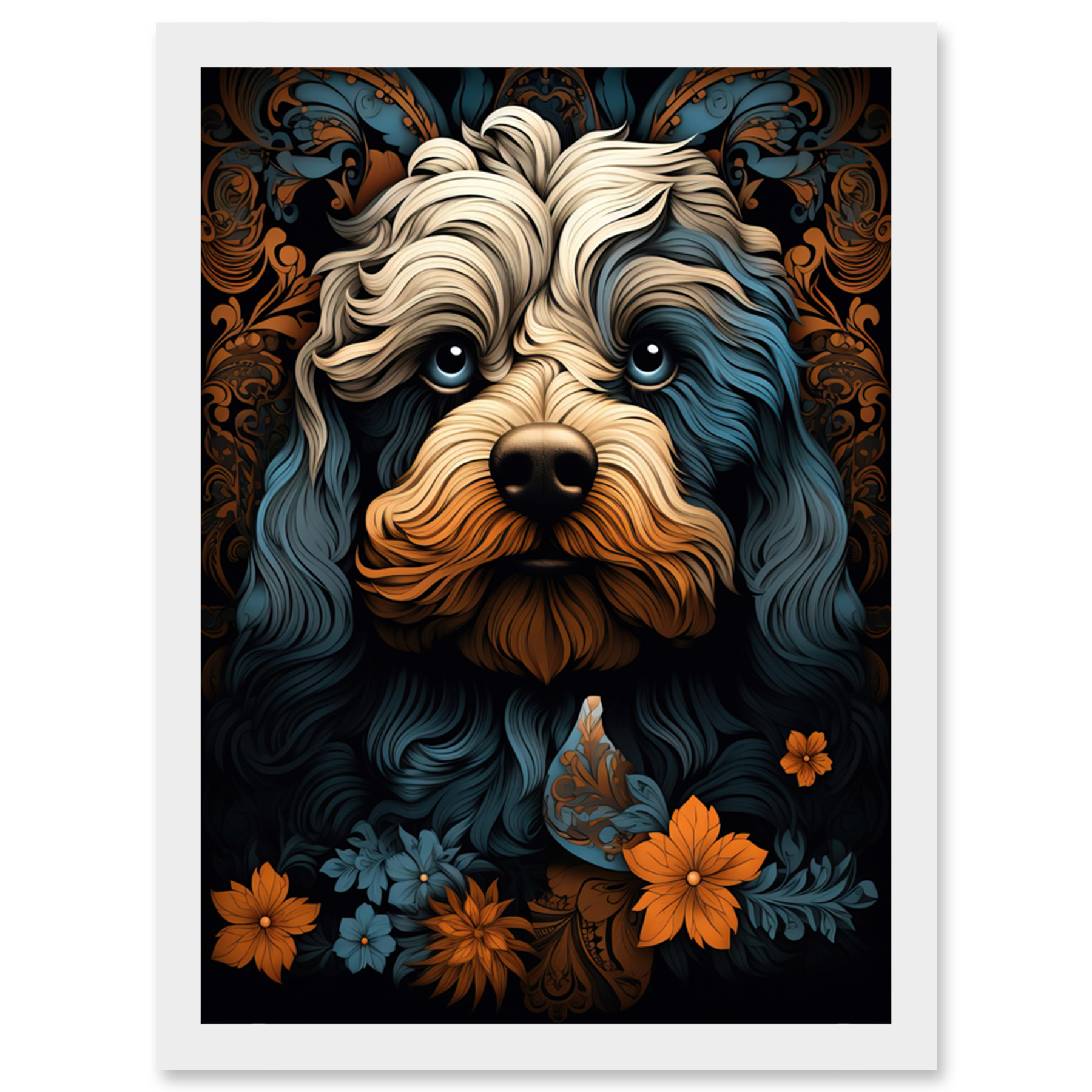 Cockapoo Dog with Flower Patterns Art Nouveau Artwork Orange Blue ...