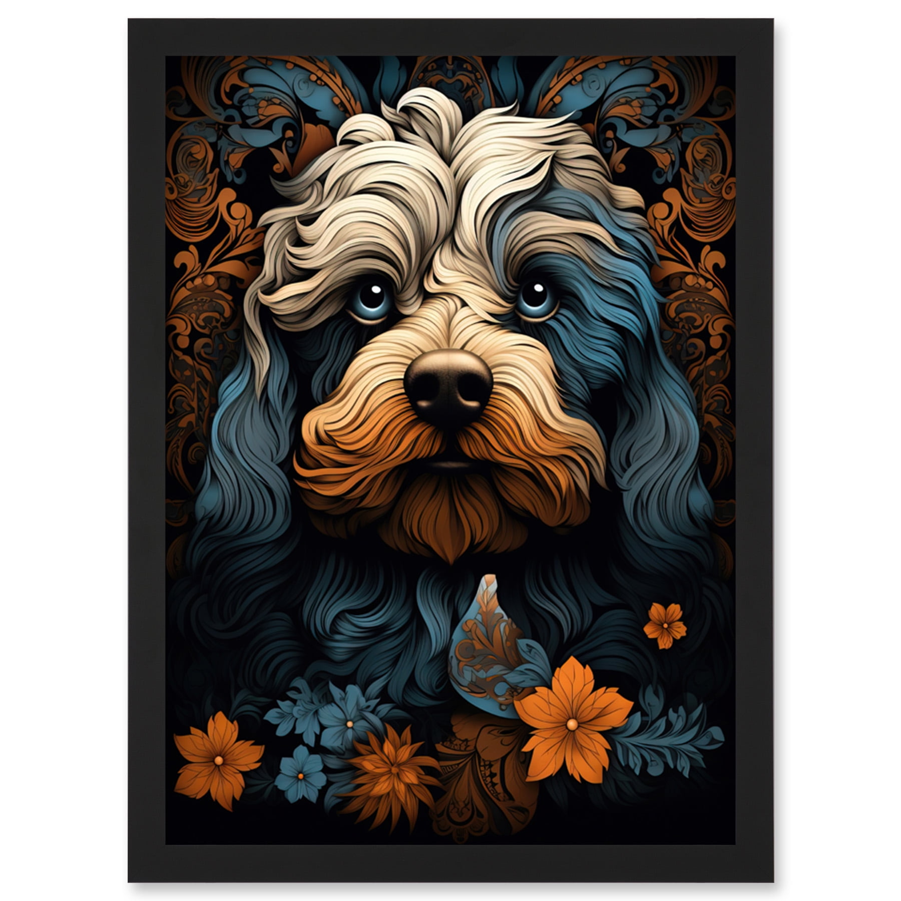 Cockapoo Dog with Flower Patterns Art Nouveau Artwork Orange Blue ...