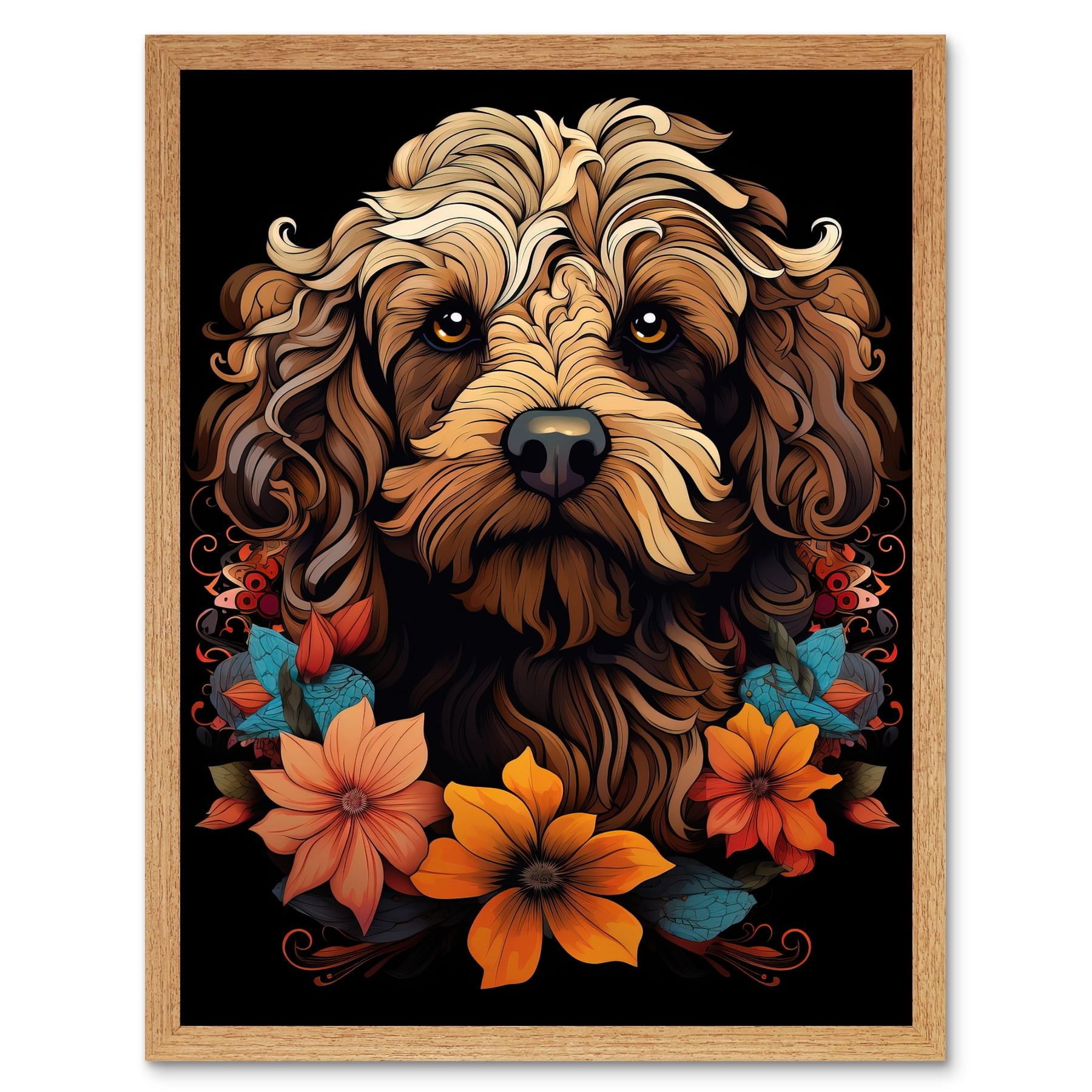 Cockapoo Dog with Flowers Artwork Orange Brown Blue Floral Art Nouveau ...