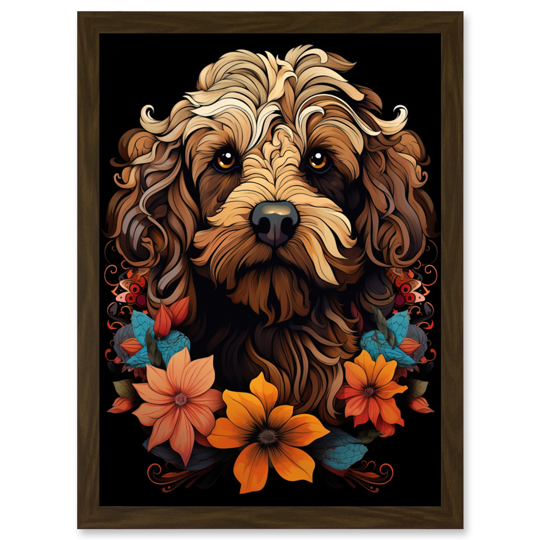 Cockapoo Dog with Flowers Artwork Orange Brown Blue Floral Art Nouveau ...