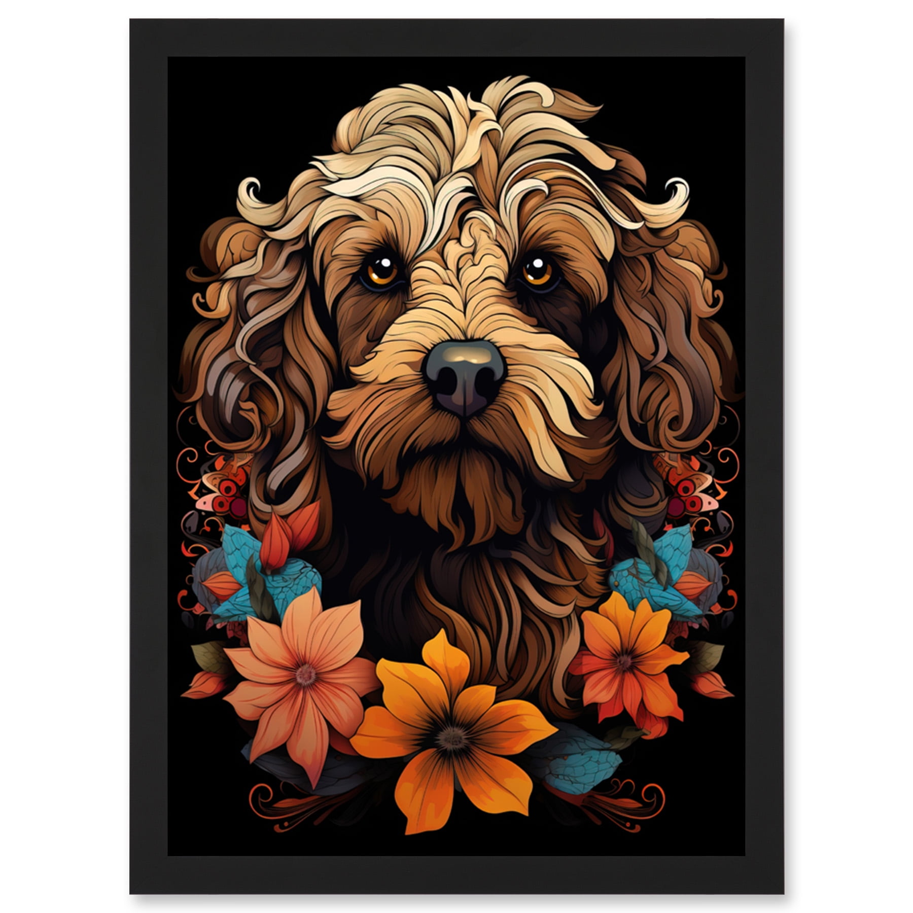 Cockapoo Dog with Flowers Artwork Orange Brown Blue Floral Art Nouveau ...