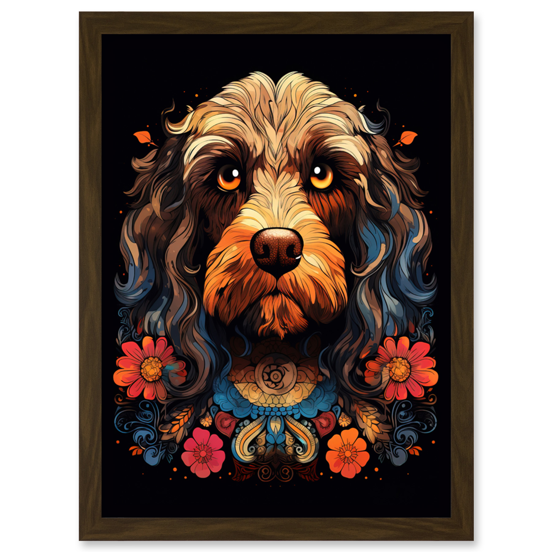 Cockapoo Dog with Ornate Collar and Flowers Symmetrical Floral Artwork ...
