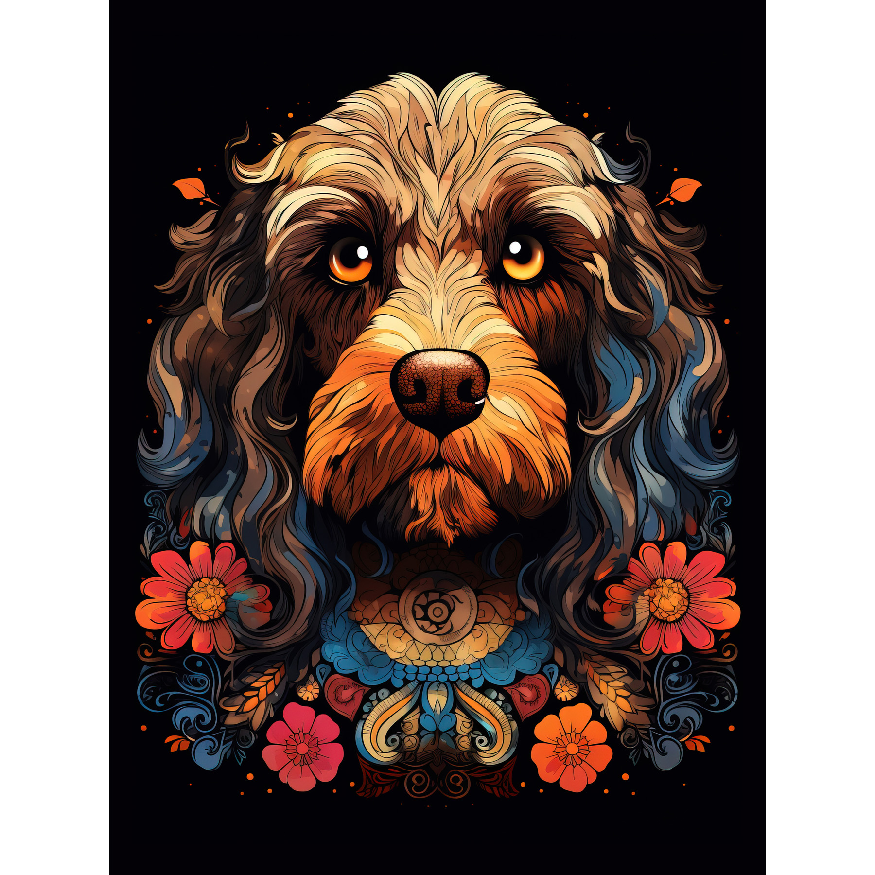 Cockapoo Dog with Ornate Collar and Flowers Symmetrical Floral Artwork ...