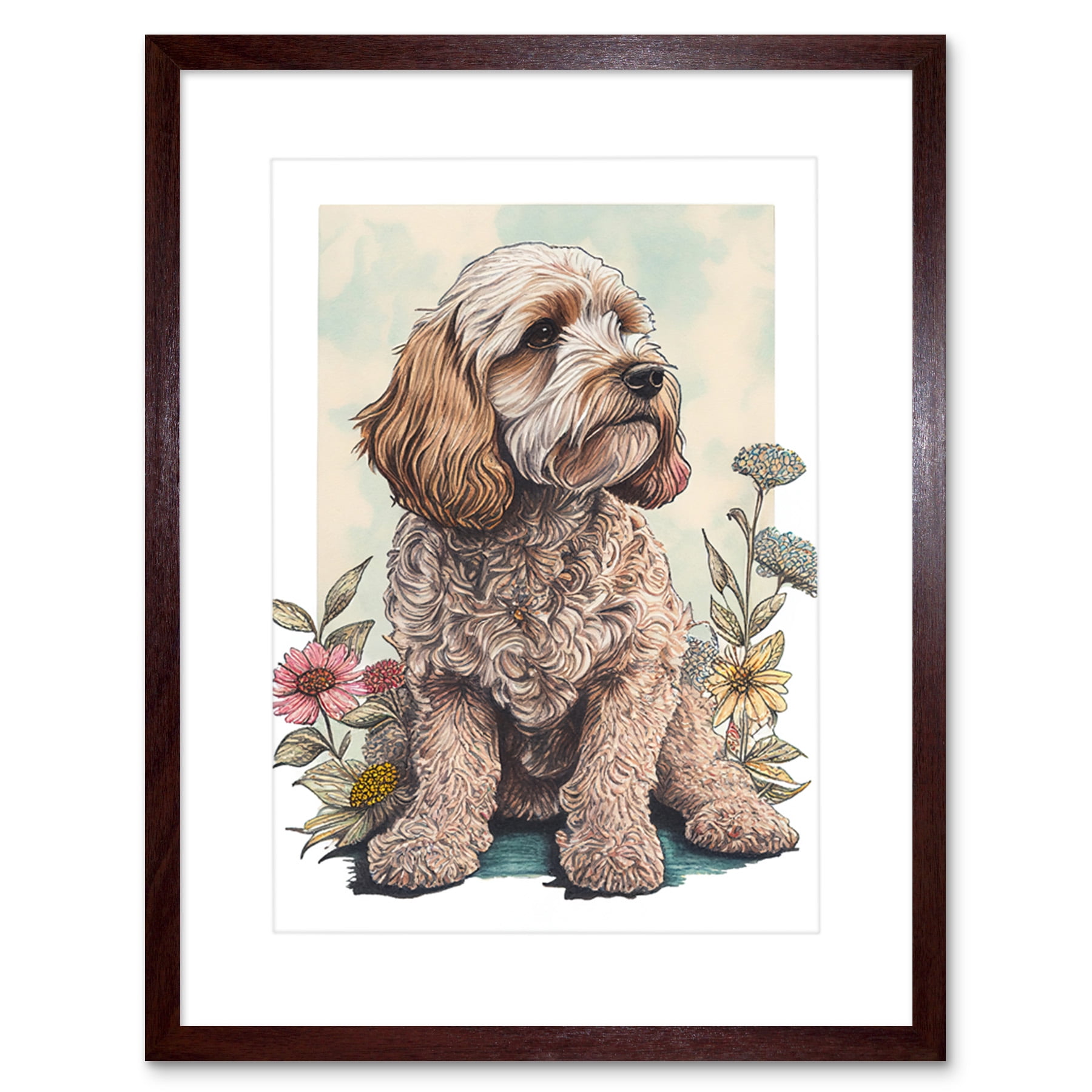 Cockapoo Dog with Spring Wildflowers Soft Watercolour Illustration ...