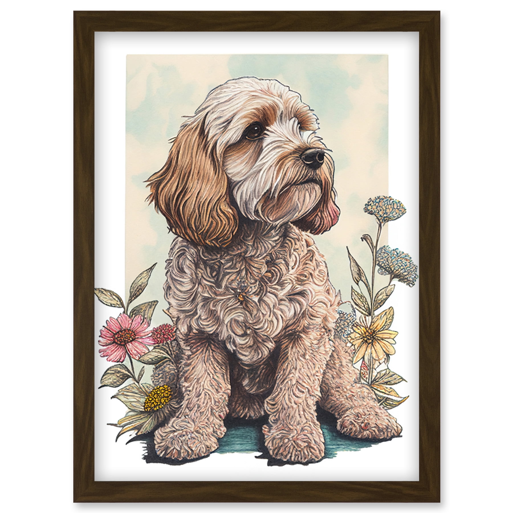 Cockapoo Dog with Spring Wildflowers Soft Watercolour Illustration ...