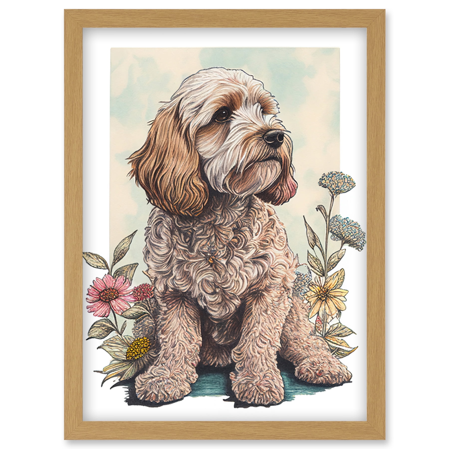 Cockapoo Dog with Spring Wildflowers Soft Watercolour Illustration ...