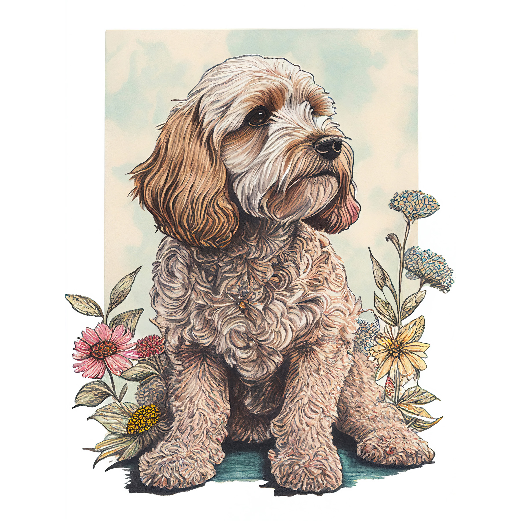 Cockapoo Dog with Spring Wildflowers Soft Watercolour Illustration ...