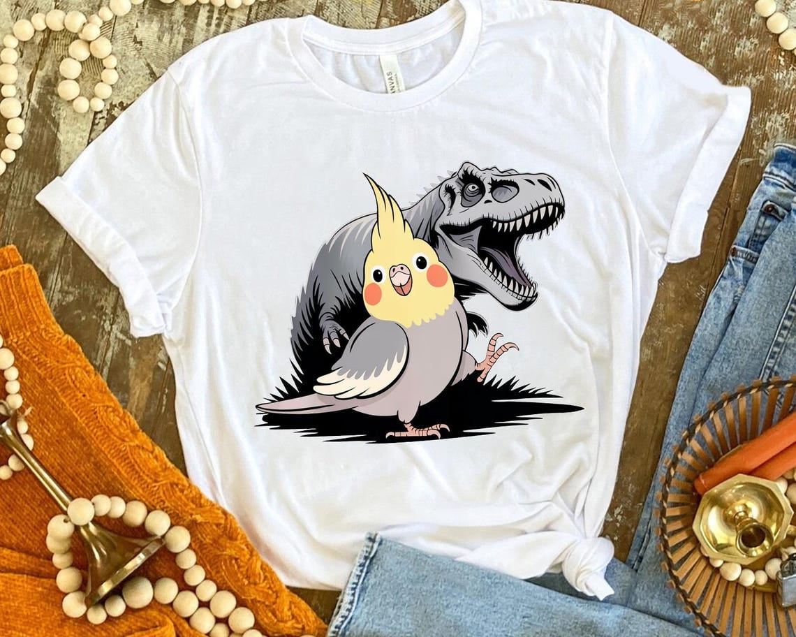 Cockatiel and T-Rex Graphic Tee – Bird & Dinosaur Shirt TSHIRT All Size ...