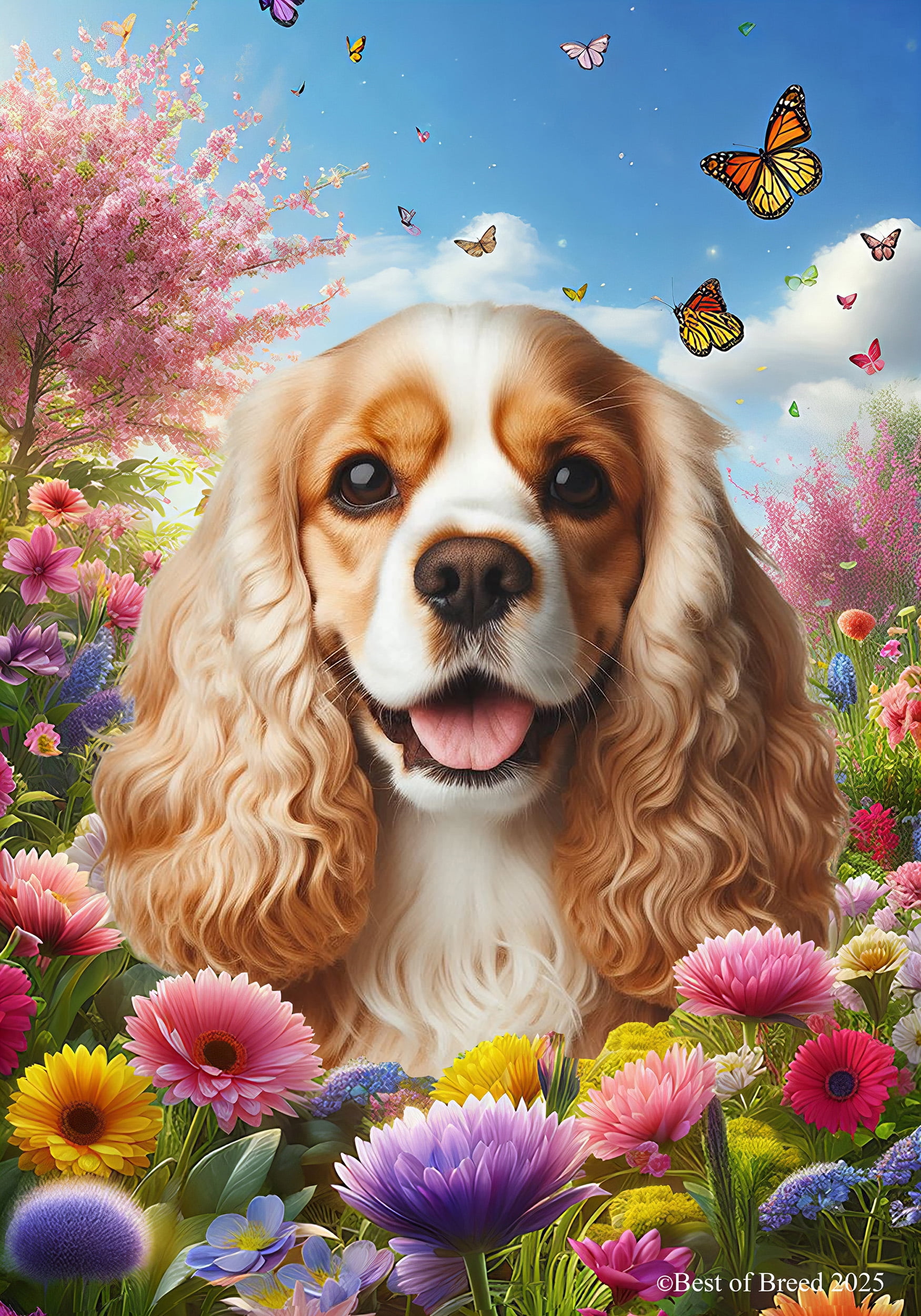 Cocker Spaniel Buff/White - Best of Breed Spring Butterfly Outdoor ...
