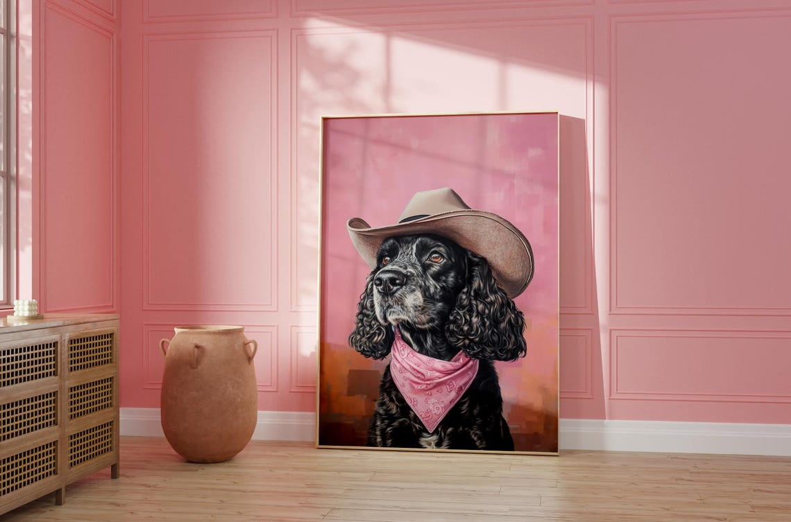 Cocker Spaniel Dog Cowgirl Hat Print, Pink Print, Vintage Art, Western ...