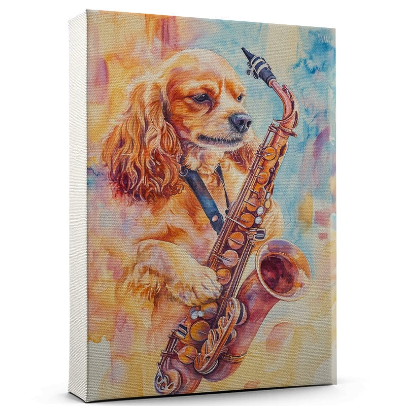 Cocker Spaniel Dog Stretched Canvas Size 8x12 – Saxophone Theme Dog Art ...