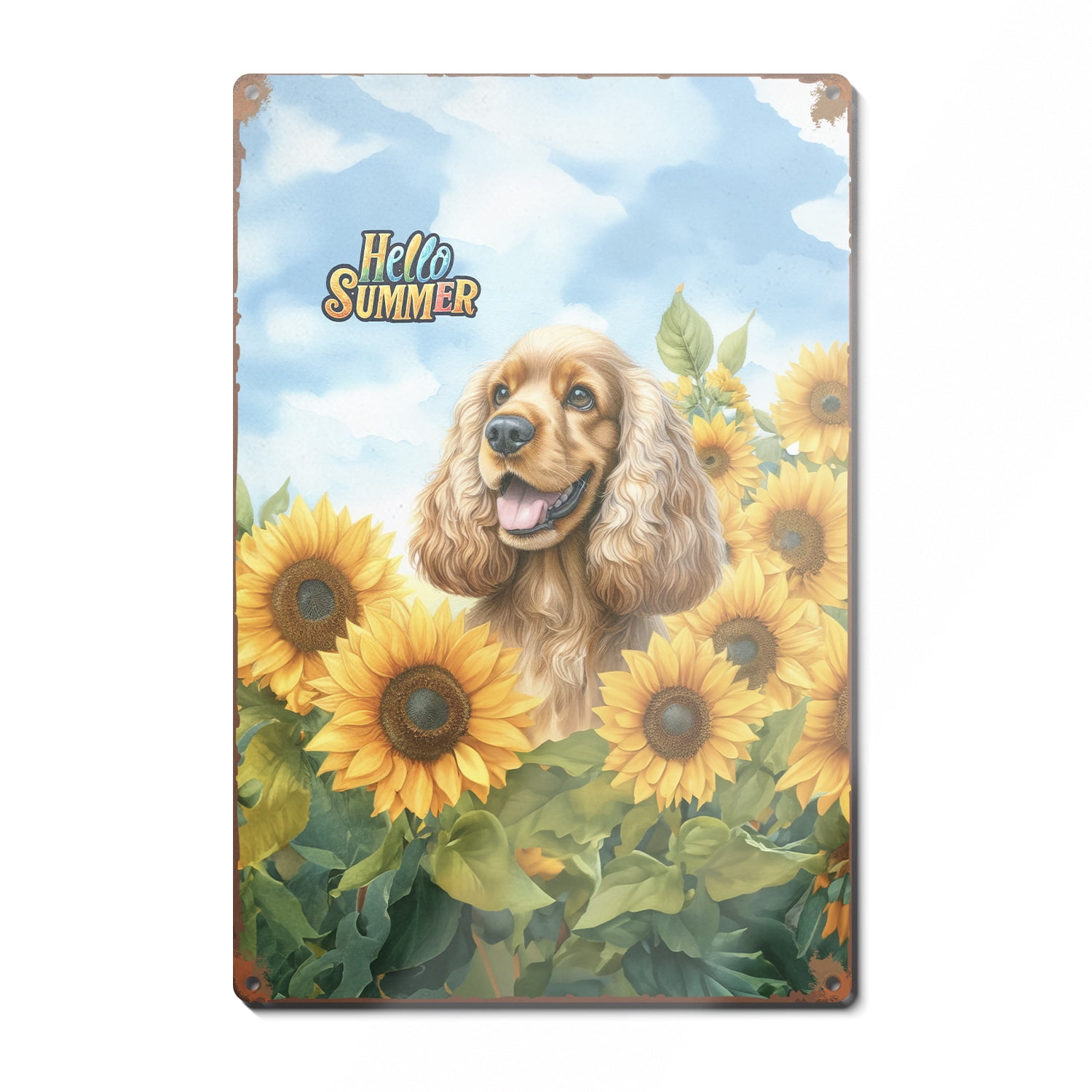 Cocker Spaniel Hello Summer Sunshine Sunflowers Spring Retro Vintage ...