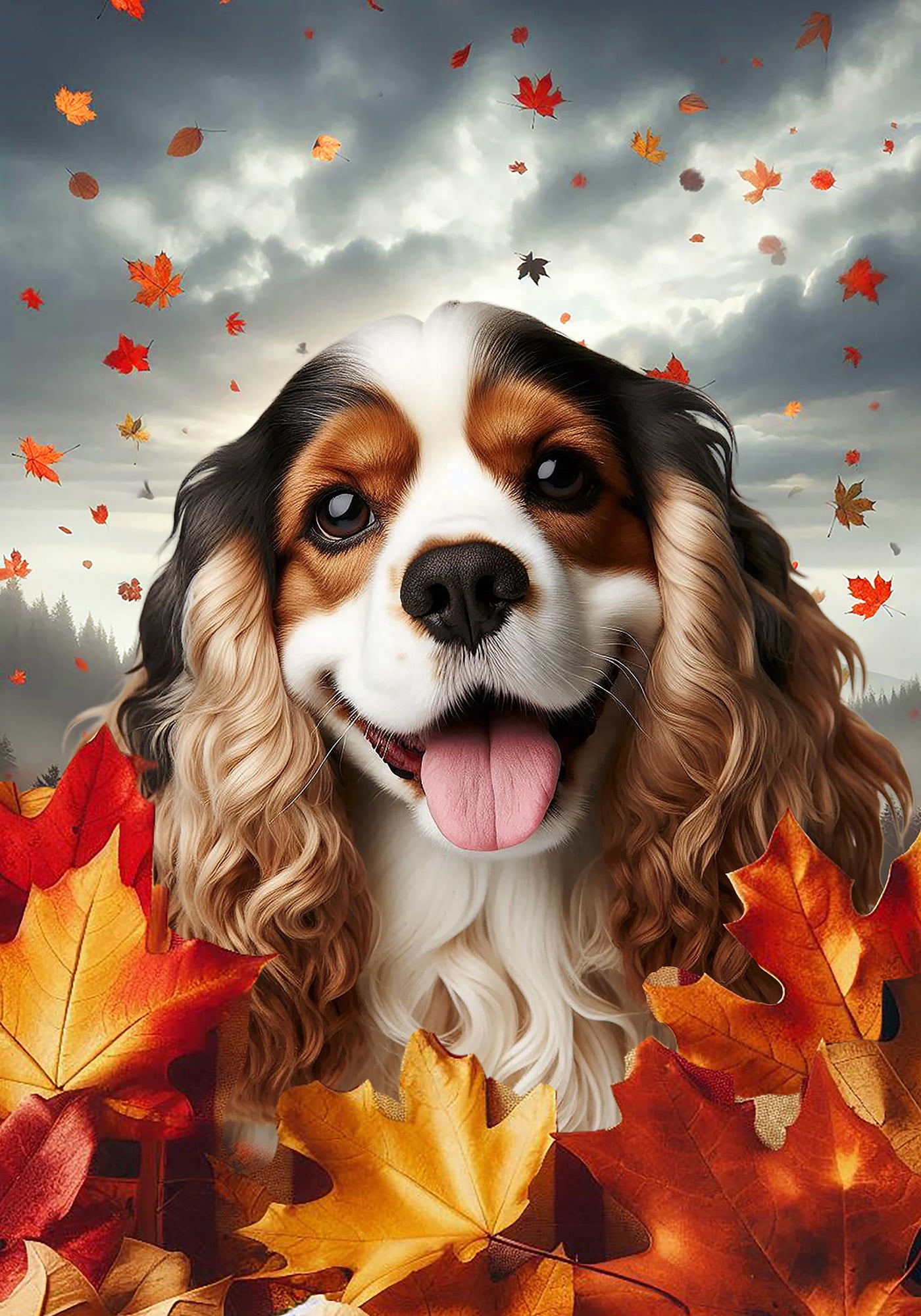 Cocker Spaniel Tri - Best of Breed Fall Leaves Outdoor House Flag 28" x ...