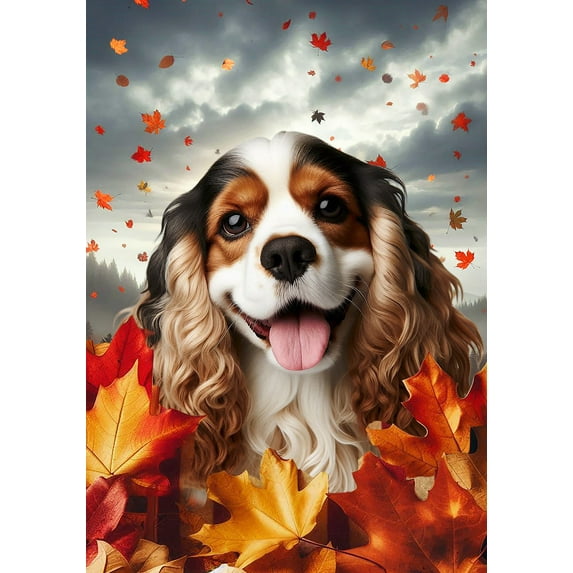 Cocker Spaniel Tri - Best of Breed Fall Leaves Outdoor House Flag 28" x ...