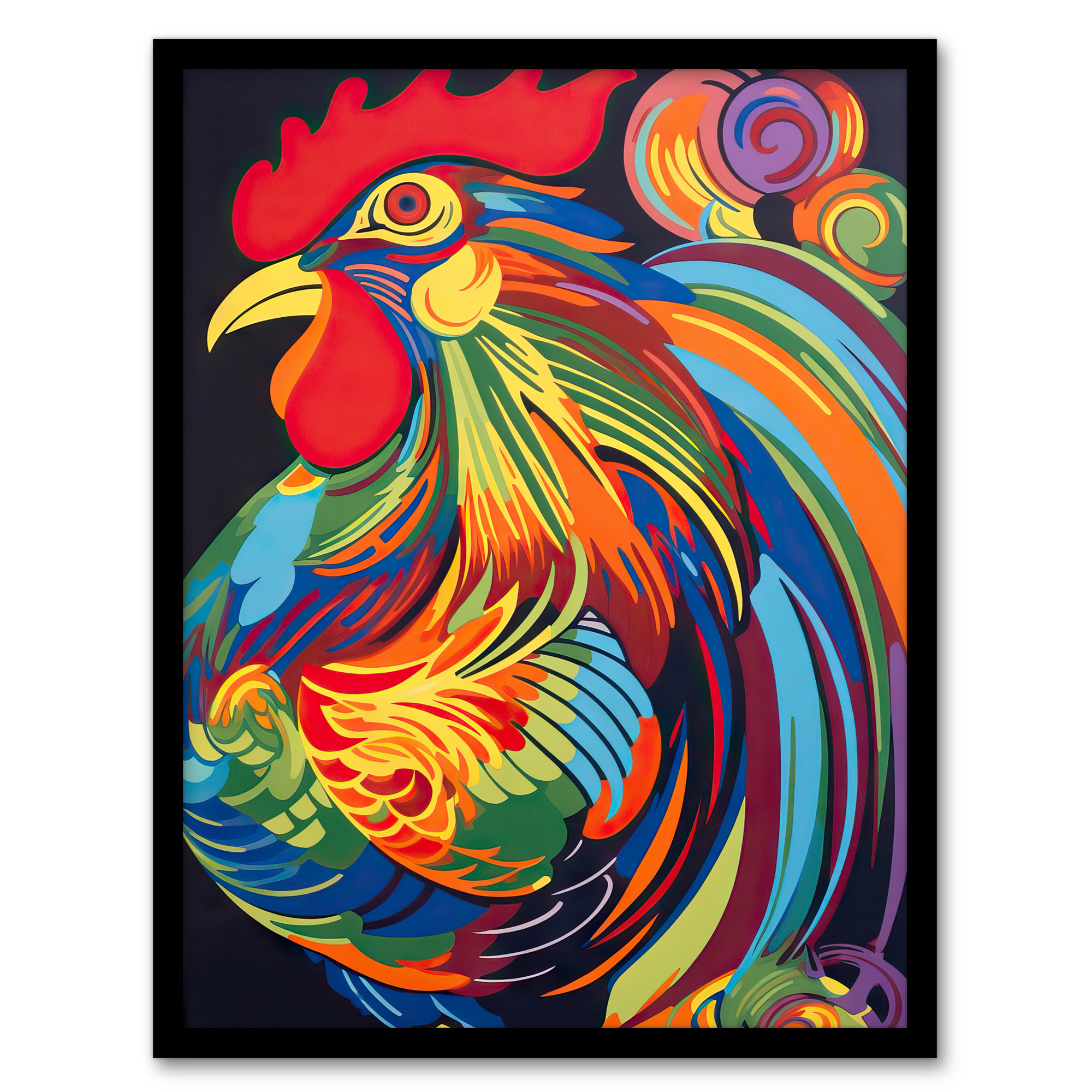 Cockerel Rooster Chicken Hen Neon Colour Feathers Graphic Artwork ...