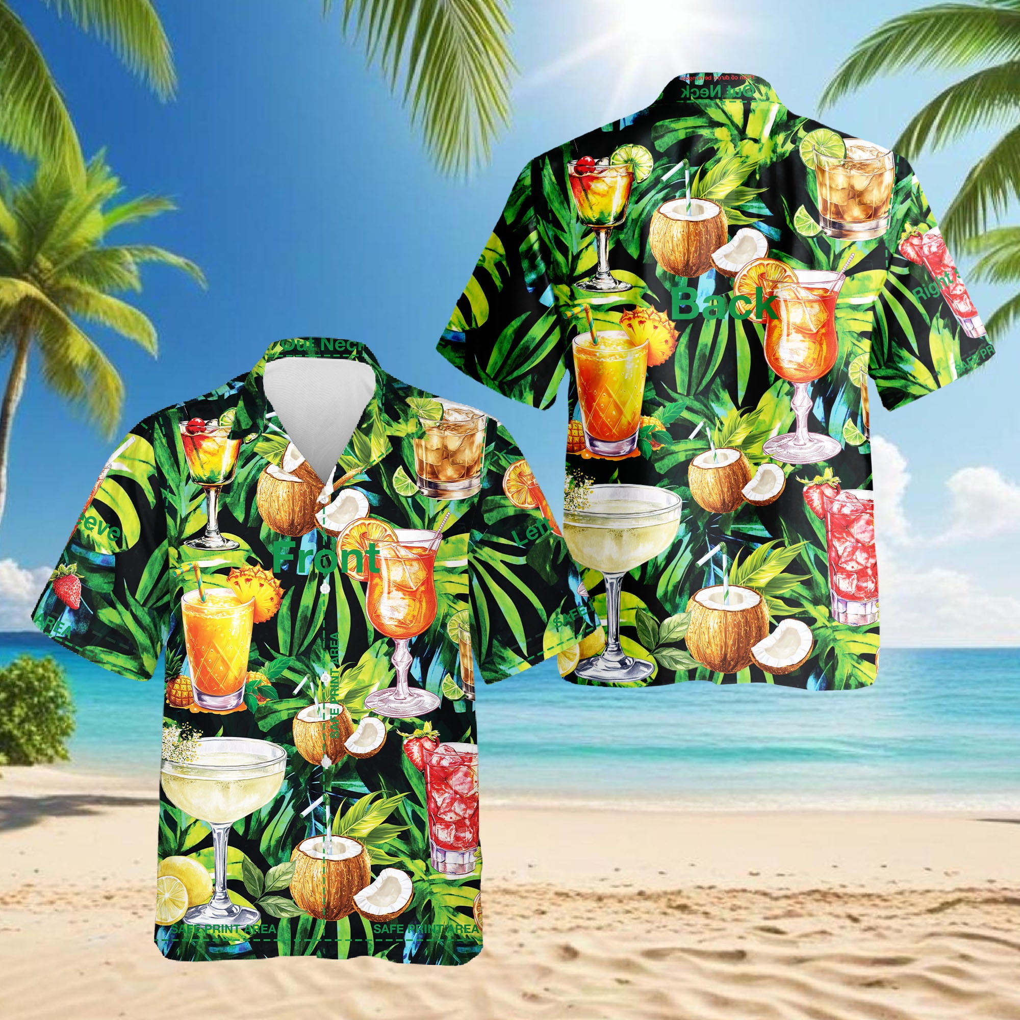 Cocktail And Fruit Hawaiian Shirt for Men, Tropical Style, Button Down ...