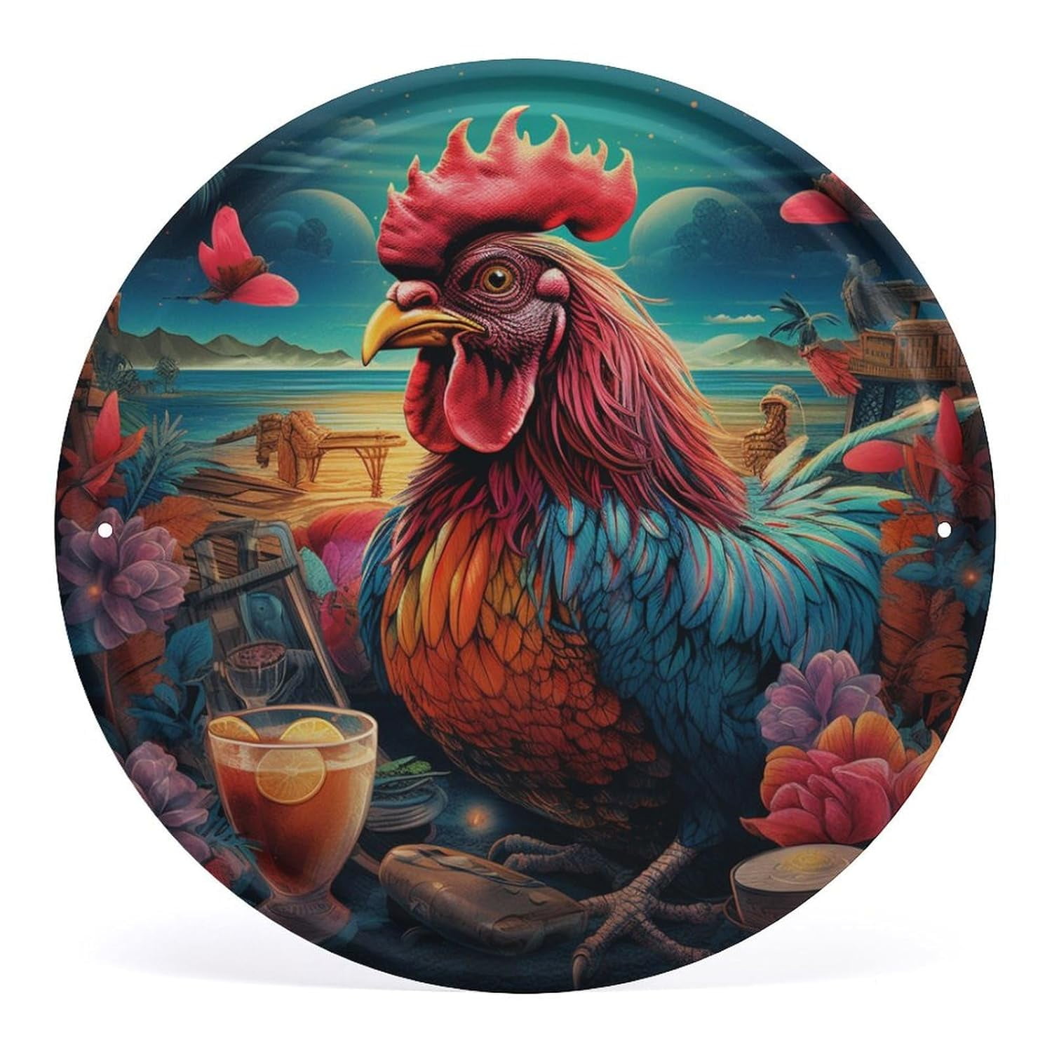 Cocktail Bar Funny Rooster Chicken Round Metal Tin Sign Vintage ...