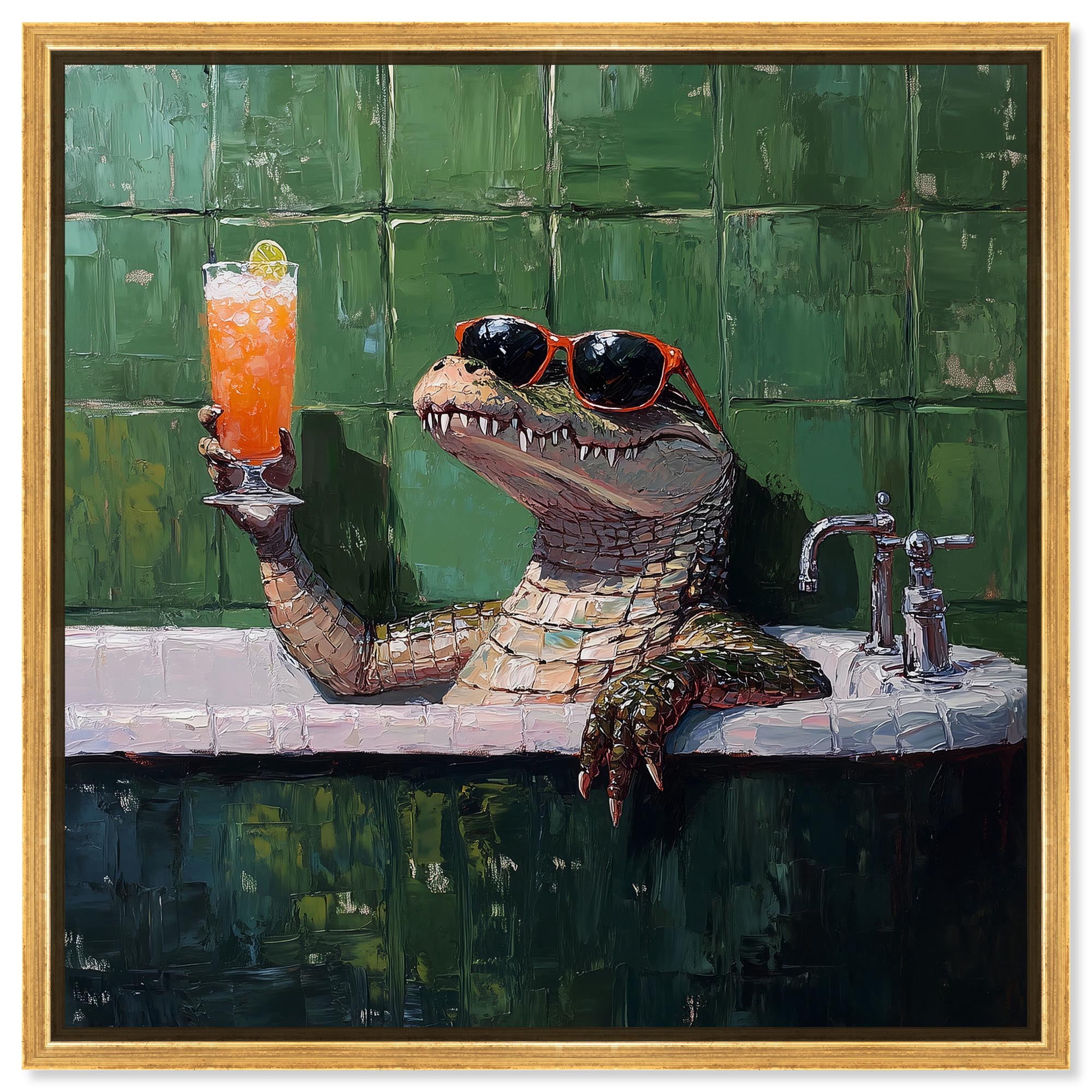 Cocktail Croc I Canvas Trendy Bathroom Art by Art Remedy, Gold Frame ...