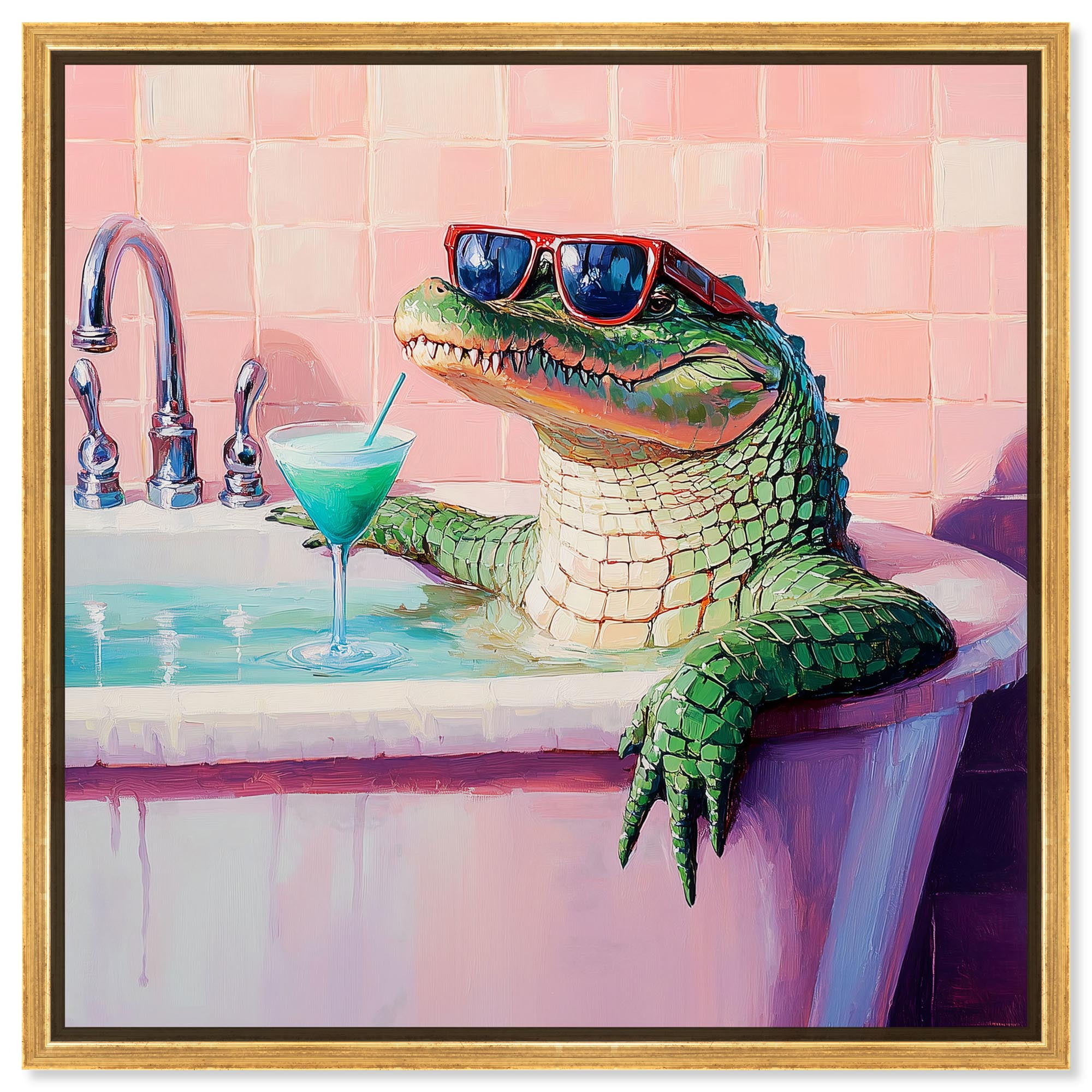Cocktail Croc II Canvas Trendy Bathroom Art by Art Remedy, Gold Frame ...